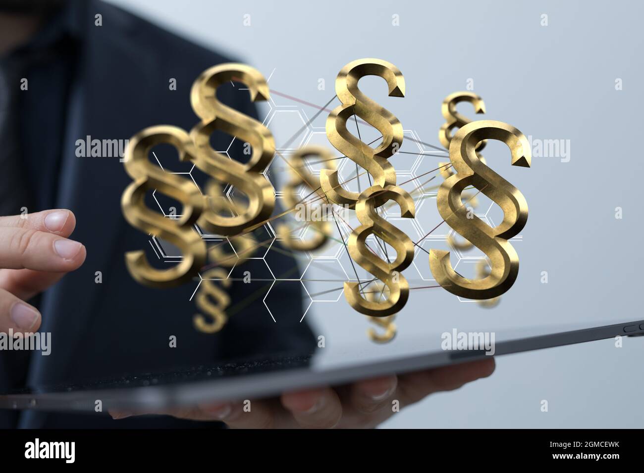 3D rendering of interconnected section sign symbols on a man's tablet ...