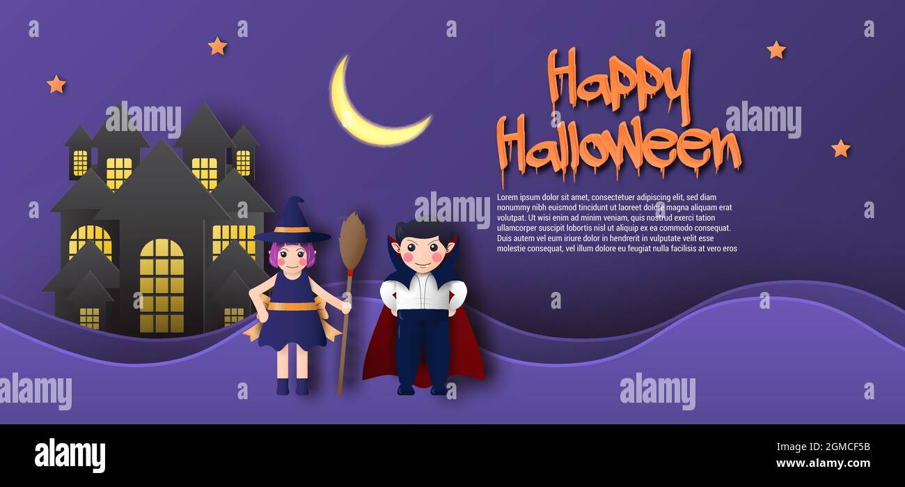 halloween paper cut banner illustration with dracula vampire and witch ...