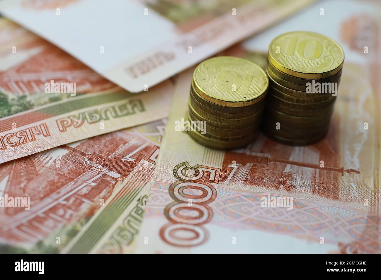 Russian banknotes and coins "rubles." Banknote with inscription "five ...