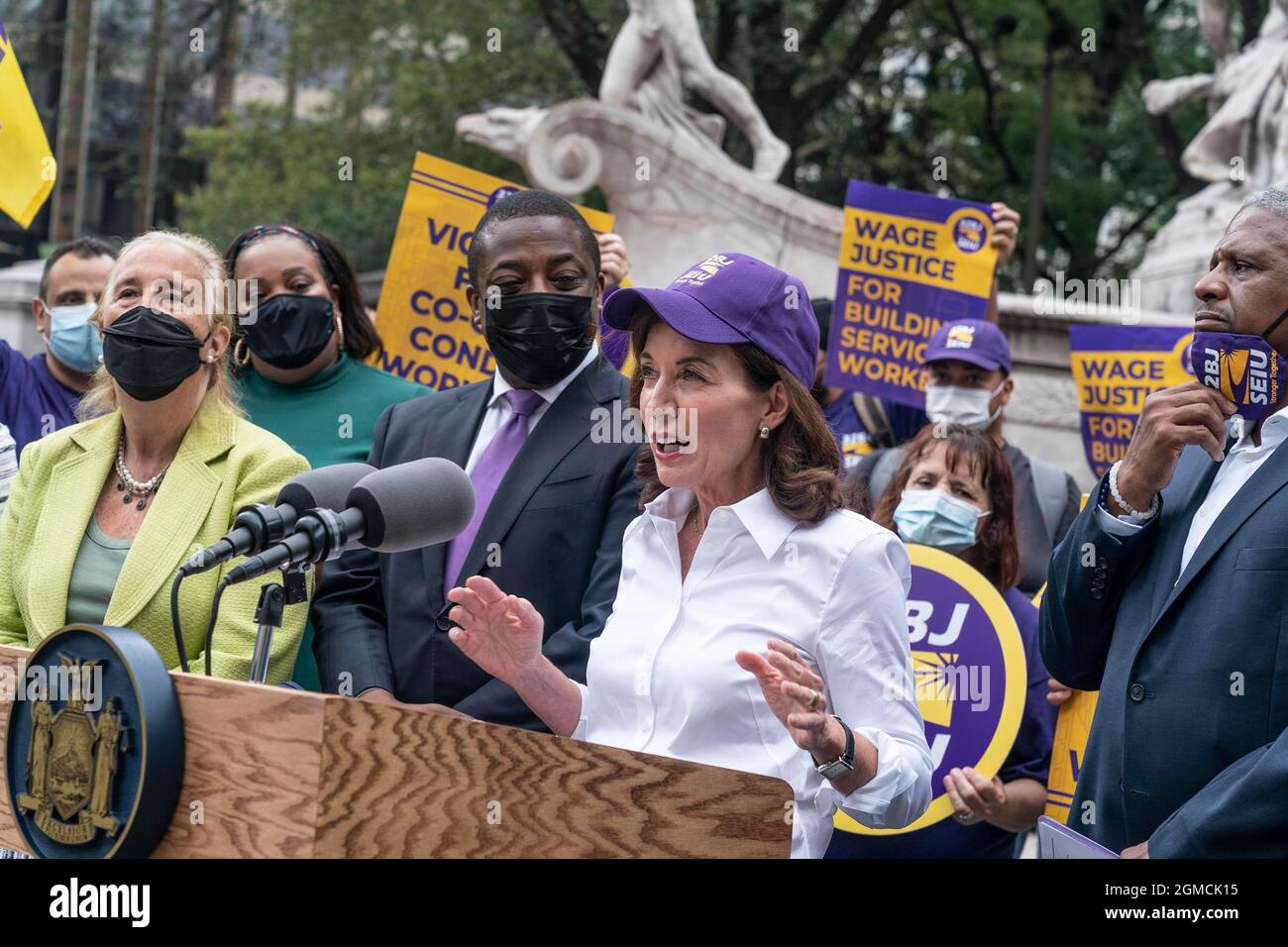 New York, USA. 17th Sep, 2021. Governor Kathy Hochul speaks at SEIU ...