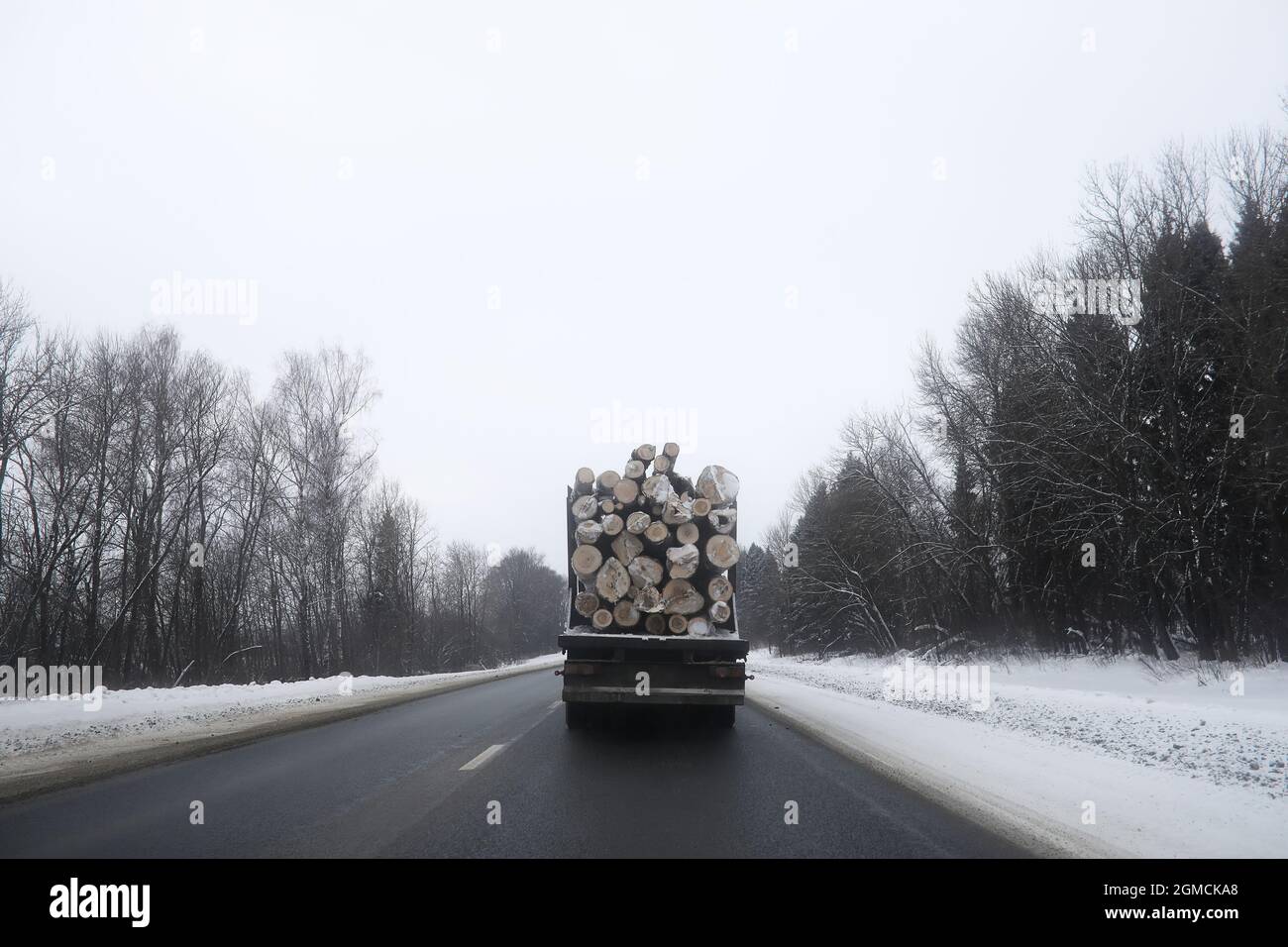A lorry transports logs in the back. Timber truck Stock Photo - Alamy