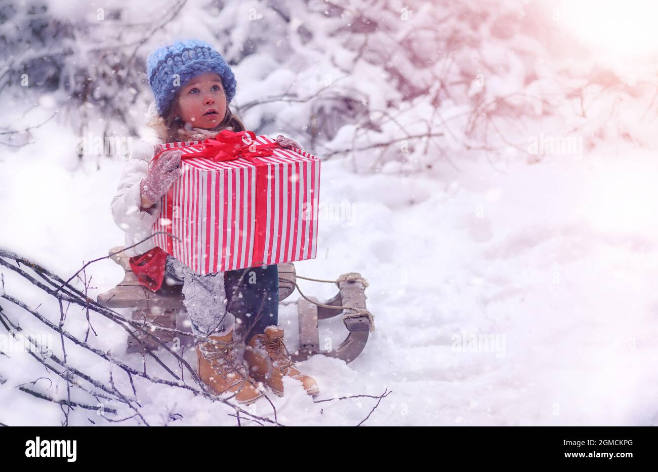 Winter fairy tale, a young mother and her daughter ride a sled in the ...