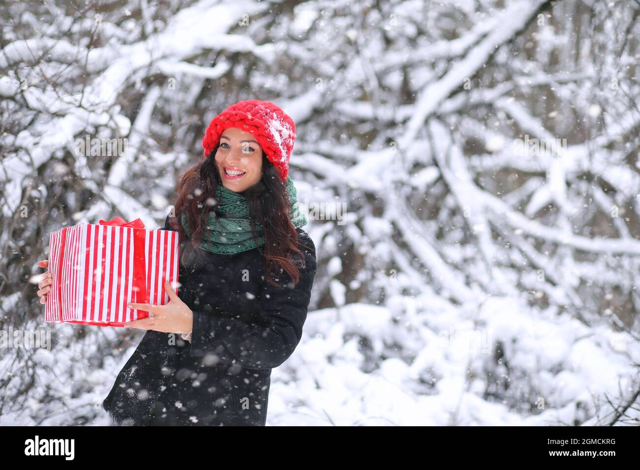 Winter fairy tale, a young mother and her daughter ride a sled in the ...