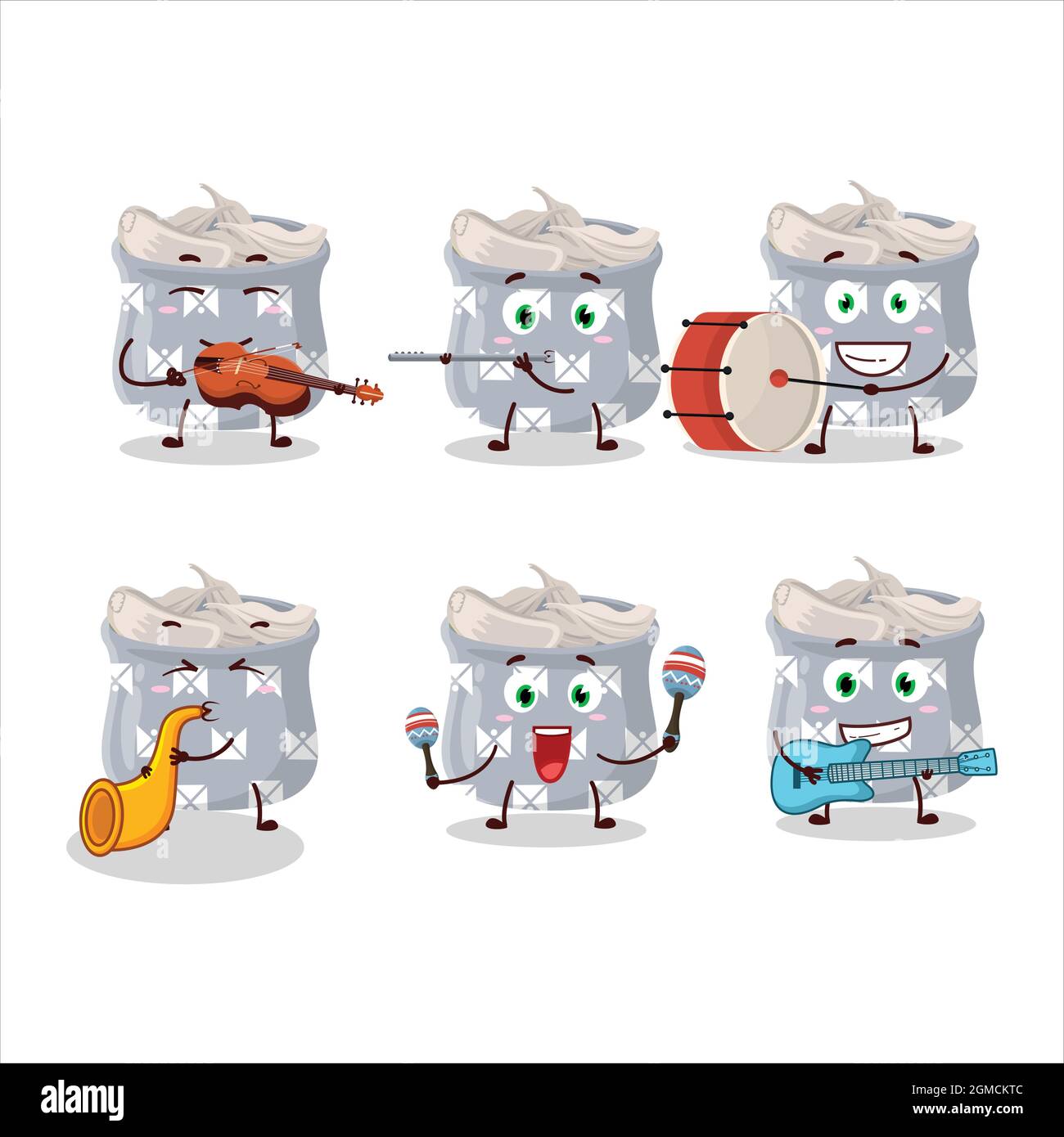 Cartoon character of bowl of garlic playing some musical instruments ...