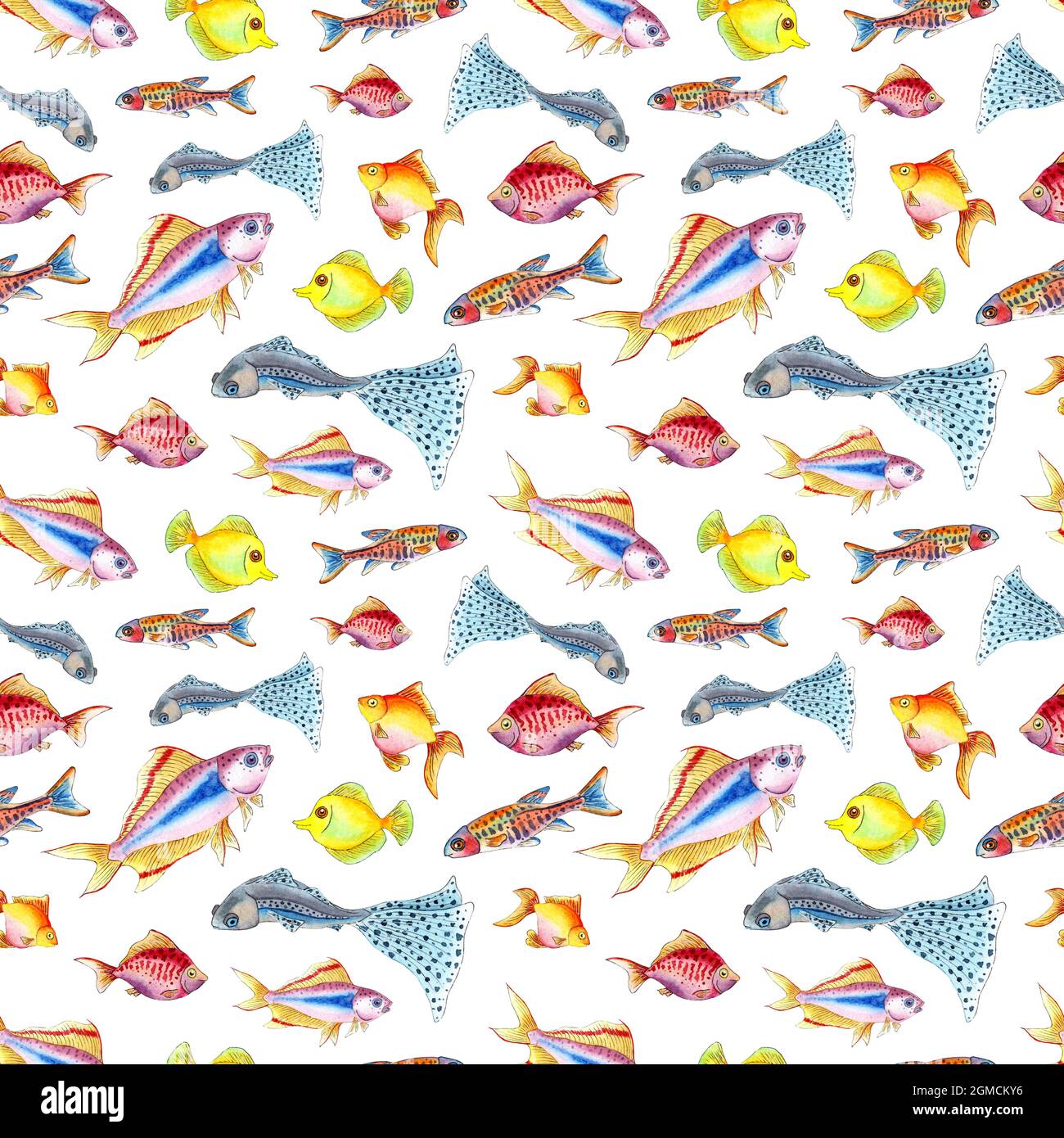 Watercolor illustration pattern of small colorful aquarium fish ...