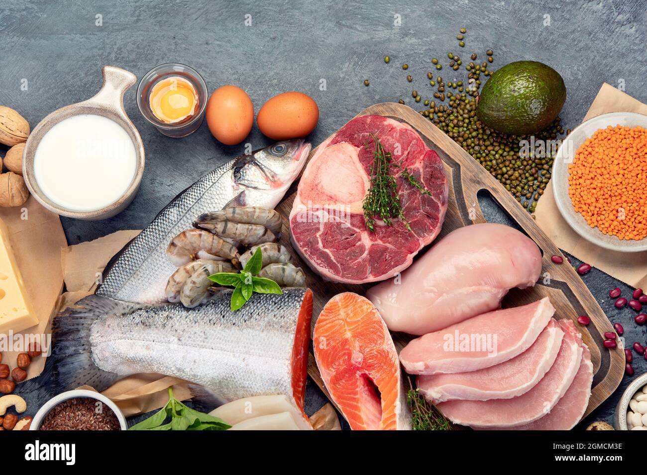 Natural sources of protein on dark background. Healthy balanced diet ...