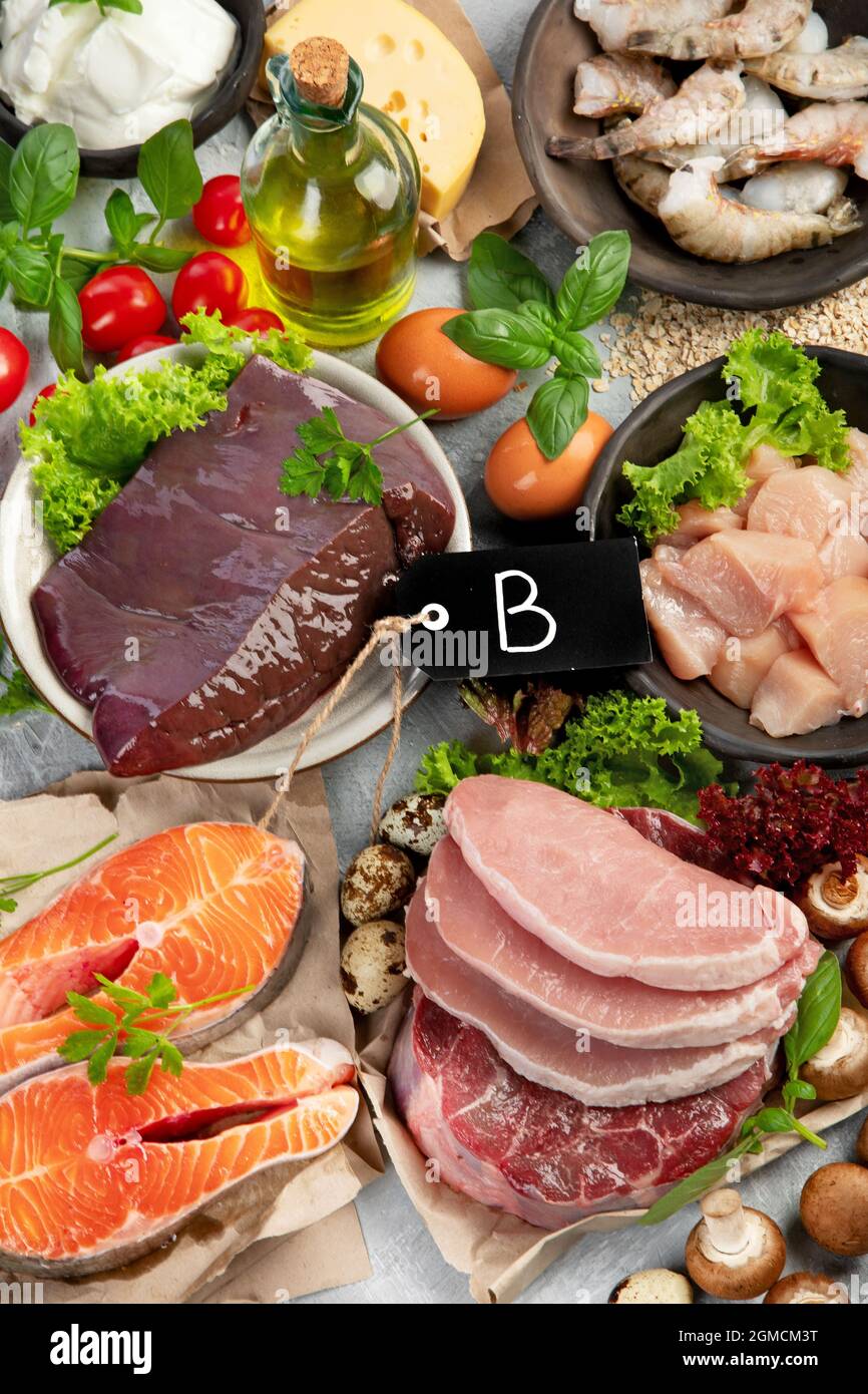 Food high in vitamin B on light gray background. Healthy diet concept ...