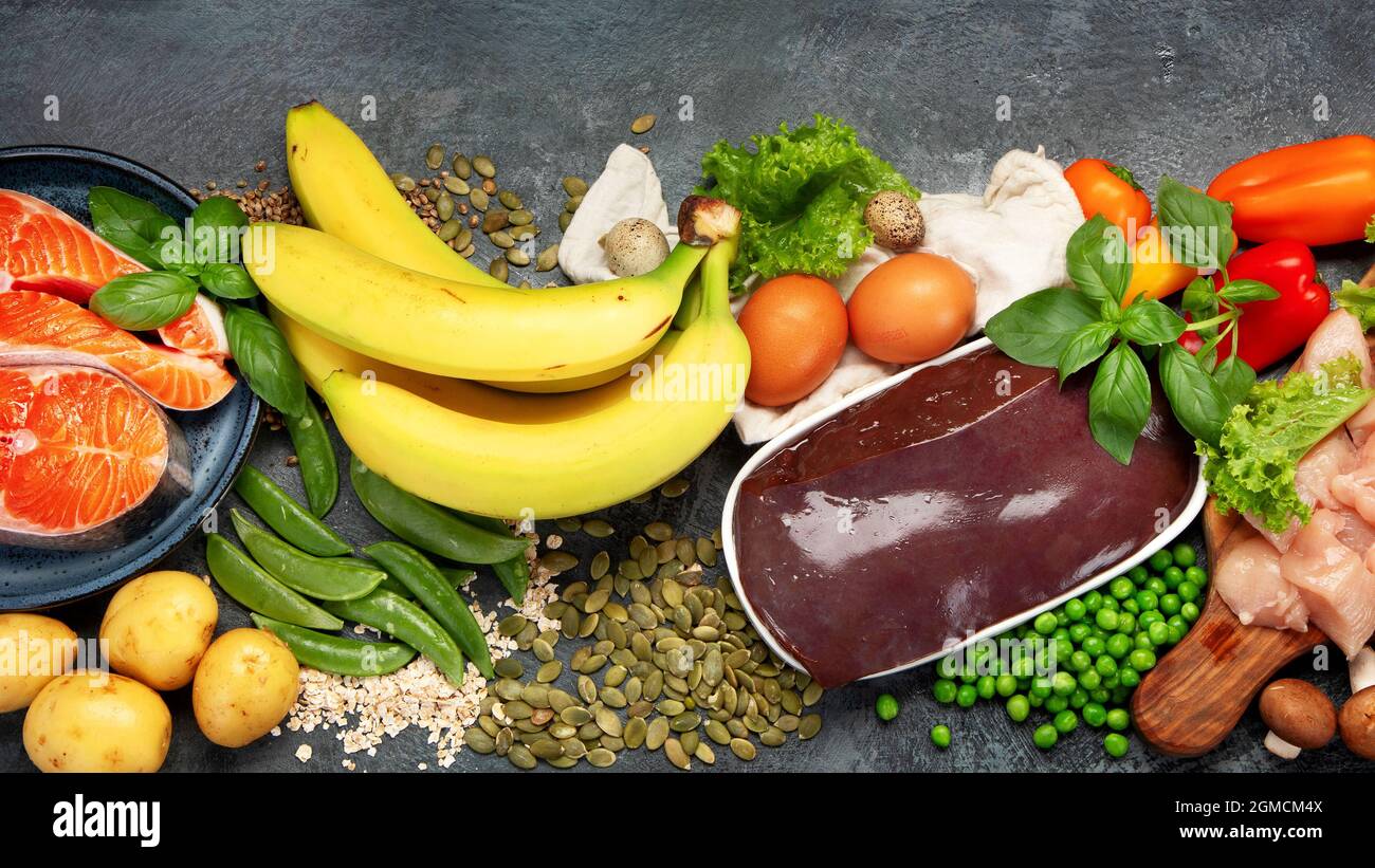 Natural sources of Vitamin B12 (Pyridoxine). Healthy food concept. Top ...