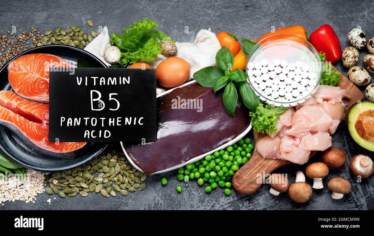 Food high in vitamin B5 on dark background. Healthy diet concept. Top ...