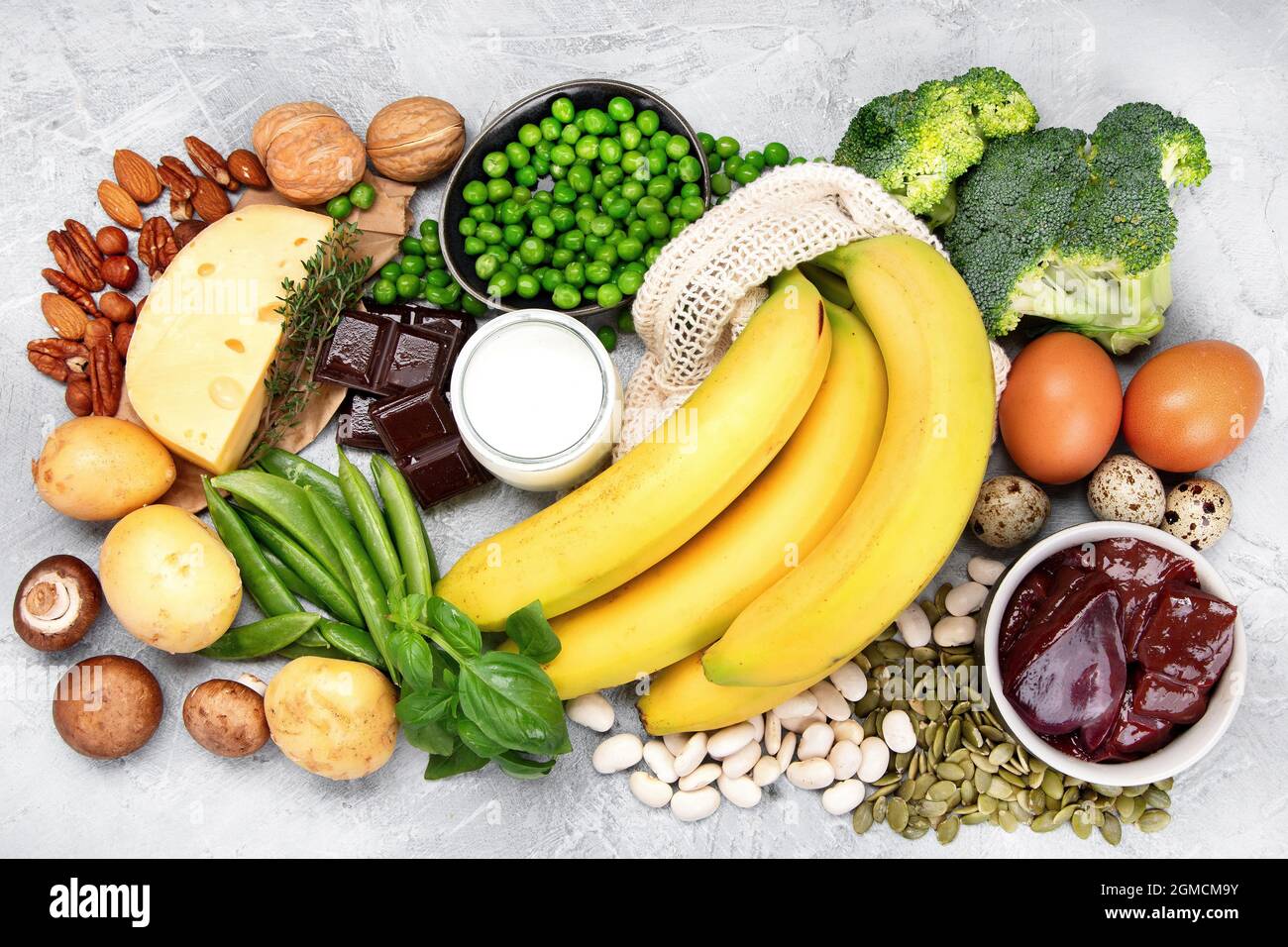 Food high in vitamin B7 on dark background. Healthy diet concept. Top ...