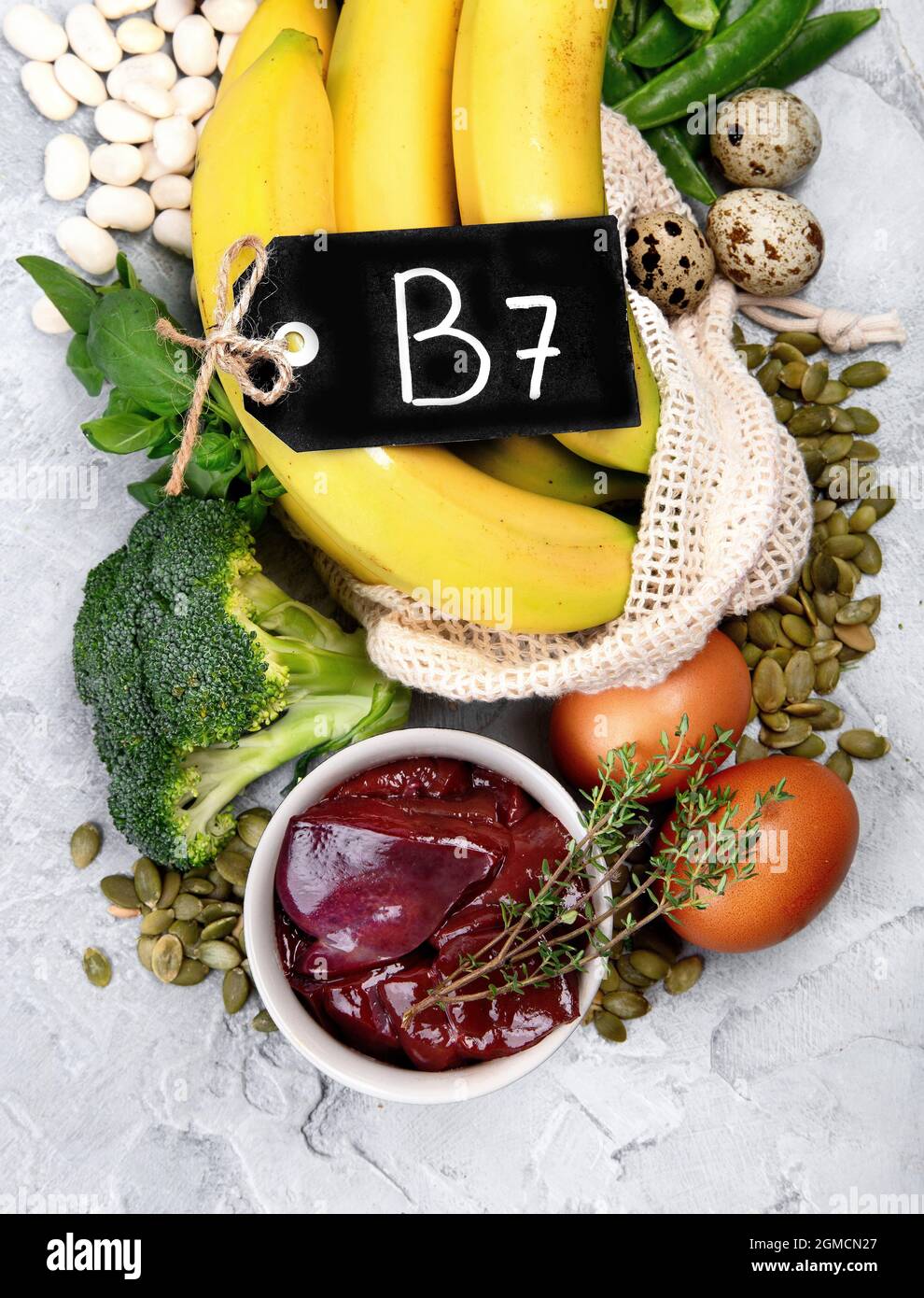 Food high in vitamin B7 on dark background. Healthy diet concept. Top ...