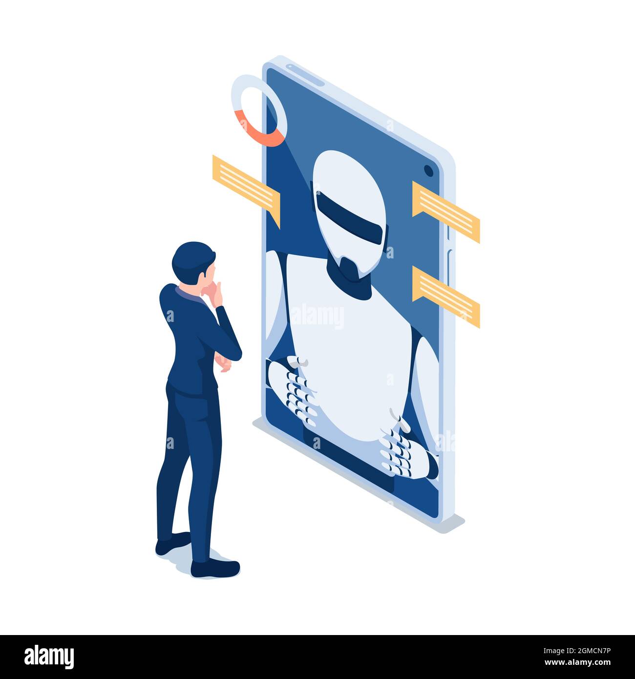 Flat 3d Isometric Businessman Talking with Chat Bot in Smartphone. Chatbot Online Customer ...
