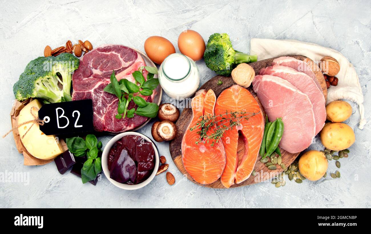 Food high in vitamin B2 on light background. Healthy diet concept. Top ...