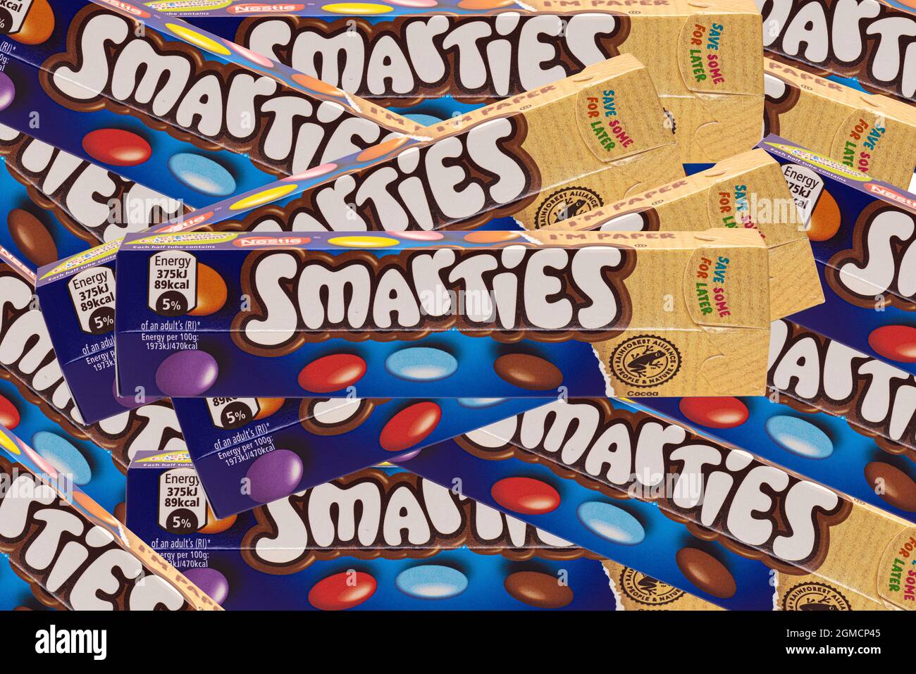 SWINDON, UK - SEPTEMBER 17, 2021: Tubes of Smarties in the new 100% ...