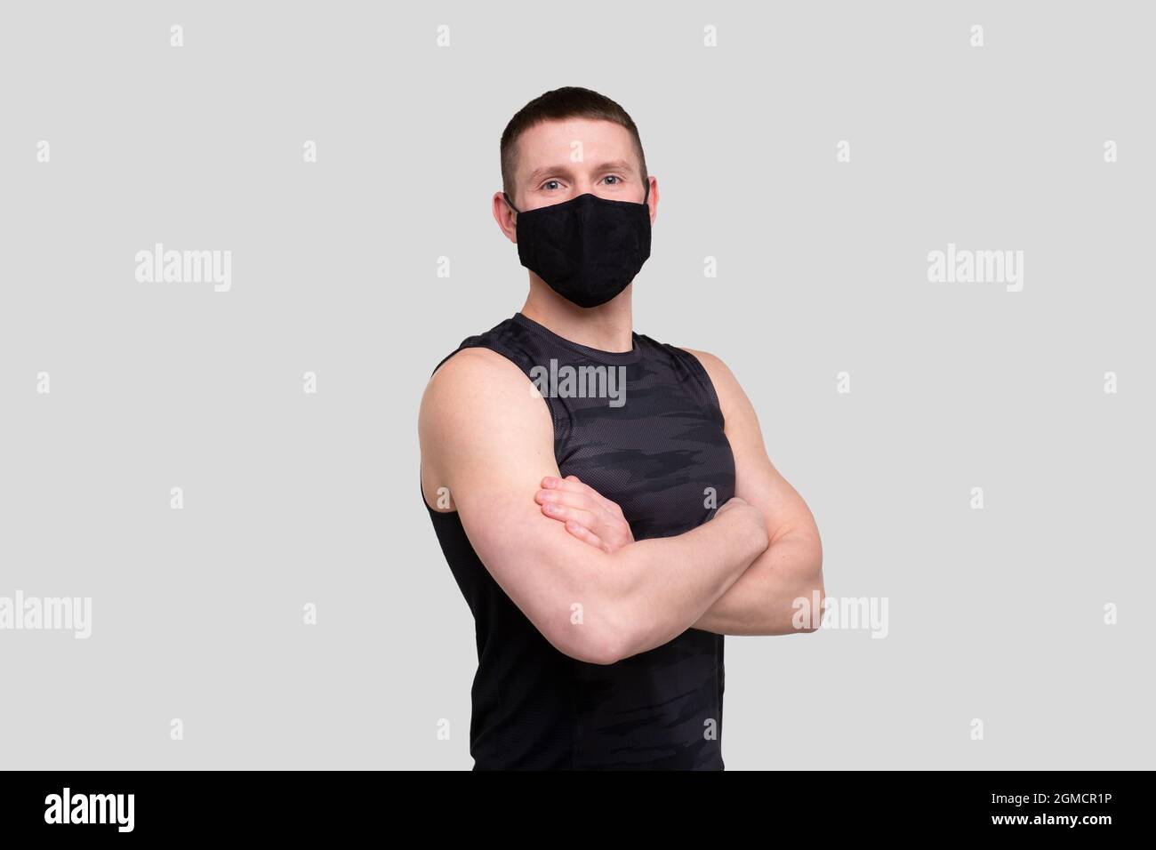 Sportsman Wearing Medical Mask. Man Hands Crossed with Mask. Portrait ...