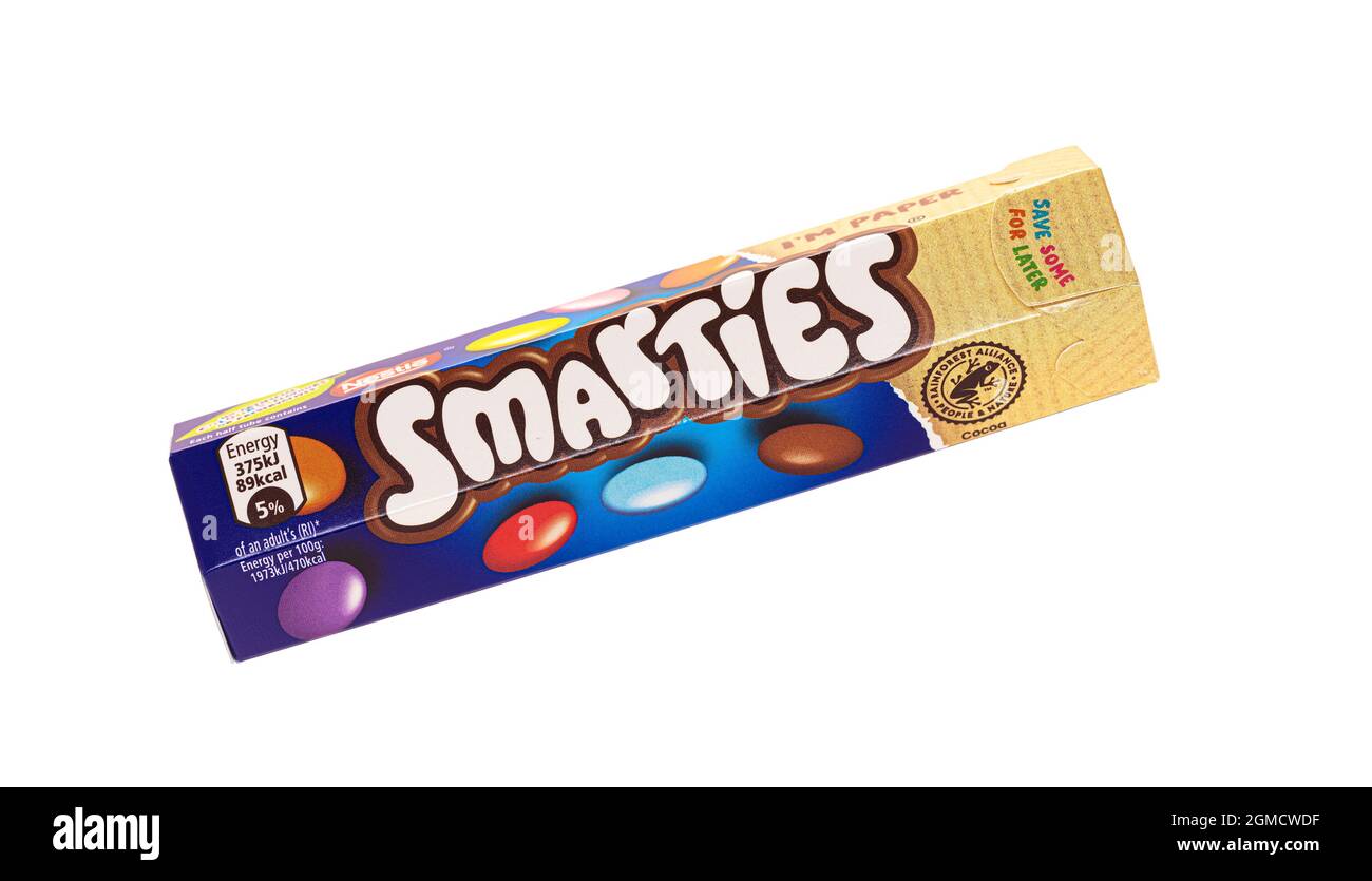 SWINDON, UK - SEPTEMBER 17, 2021: Tube of Smarties in the new 100% ...