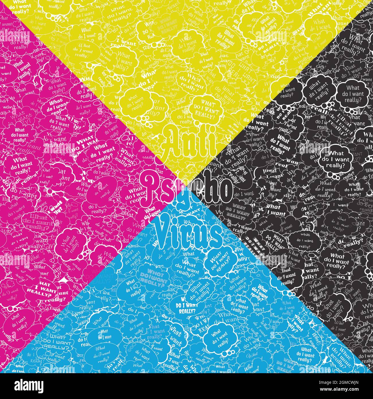 A yellow, magenta, cyan and black background with thought bubbles and ...
