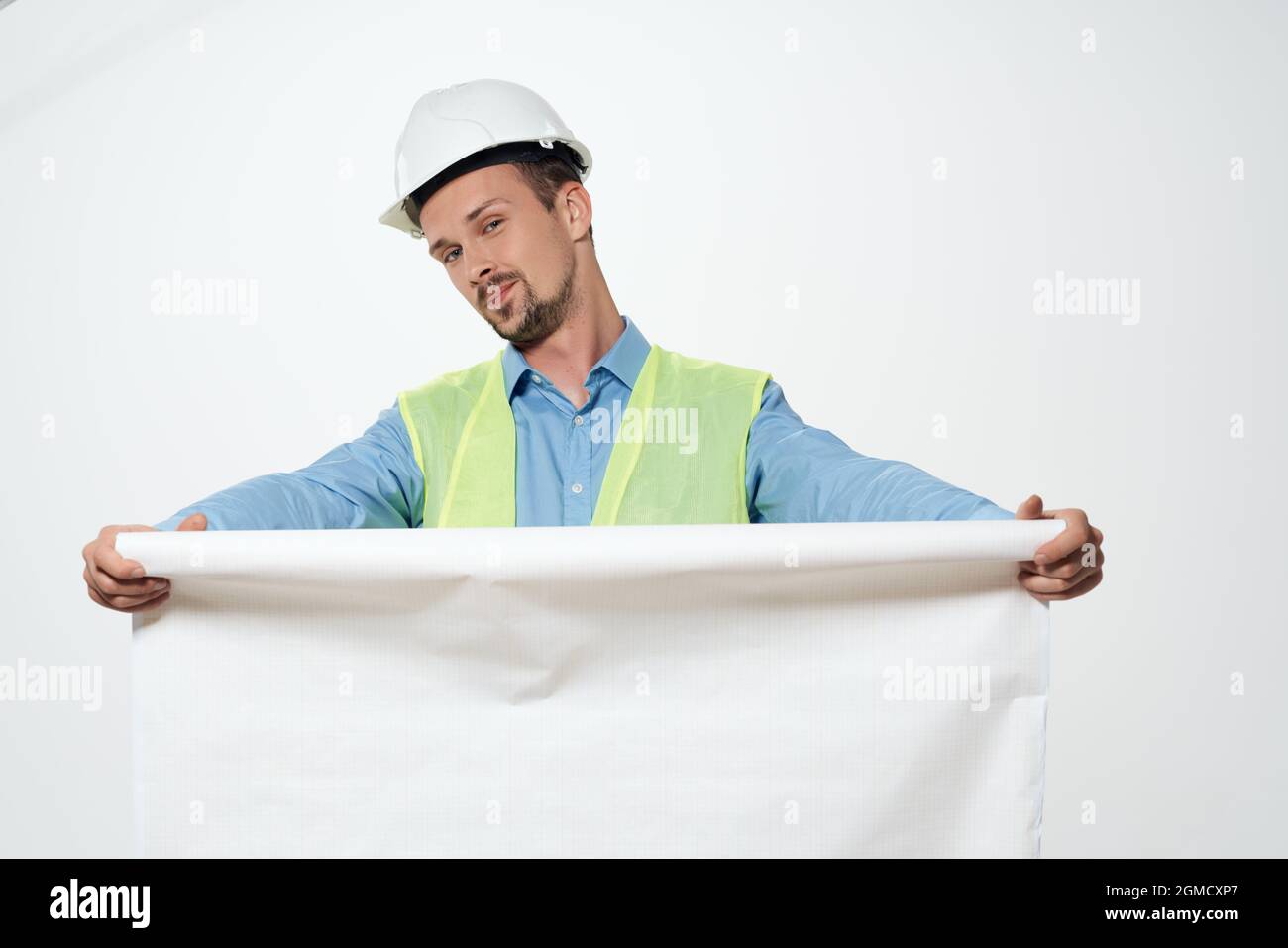 male builders blueprints builder isolated background Stock Photo - Alamy