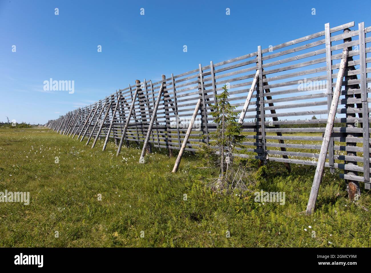 A permanent snow fence, wind protection along a rural highway. Stands ...