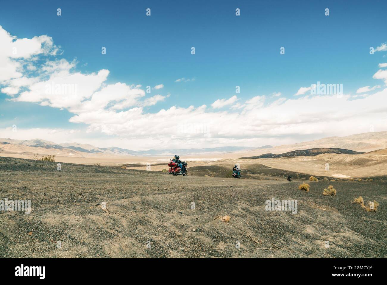 Death Valley, California, USA- April 14, 2021. Motorcyclists ride in ...