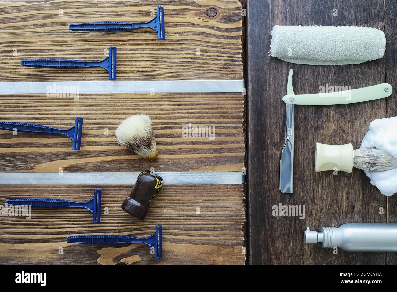 Shaving accessories on a wooden texture background. Tools. Disposable ...