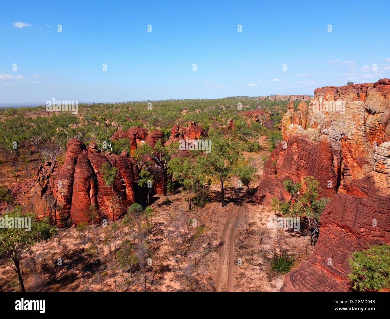 Aerial view of road past rock formations, Western Lost City, Limmen ...
