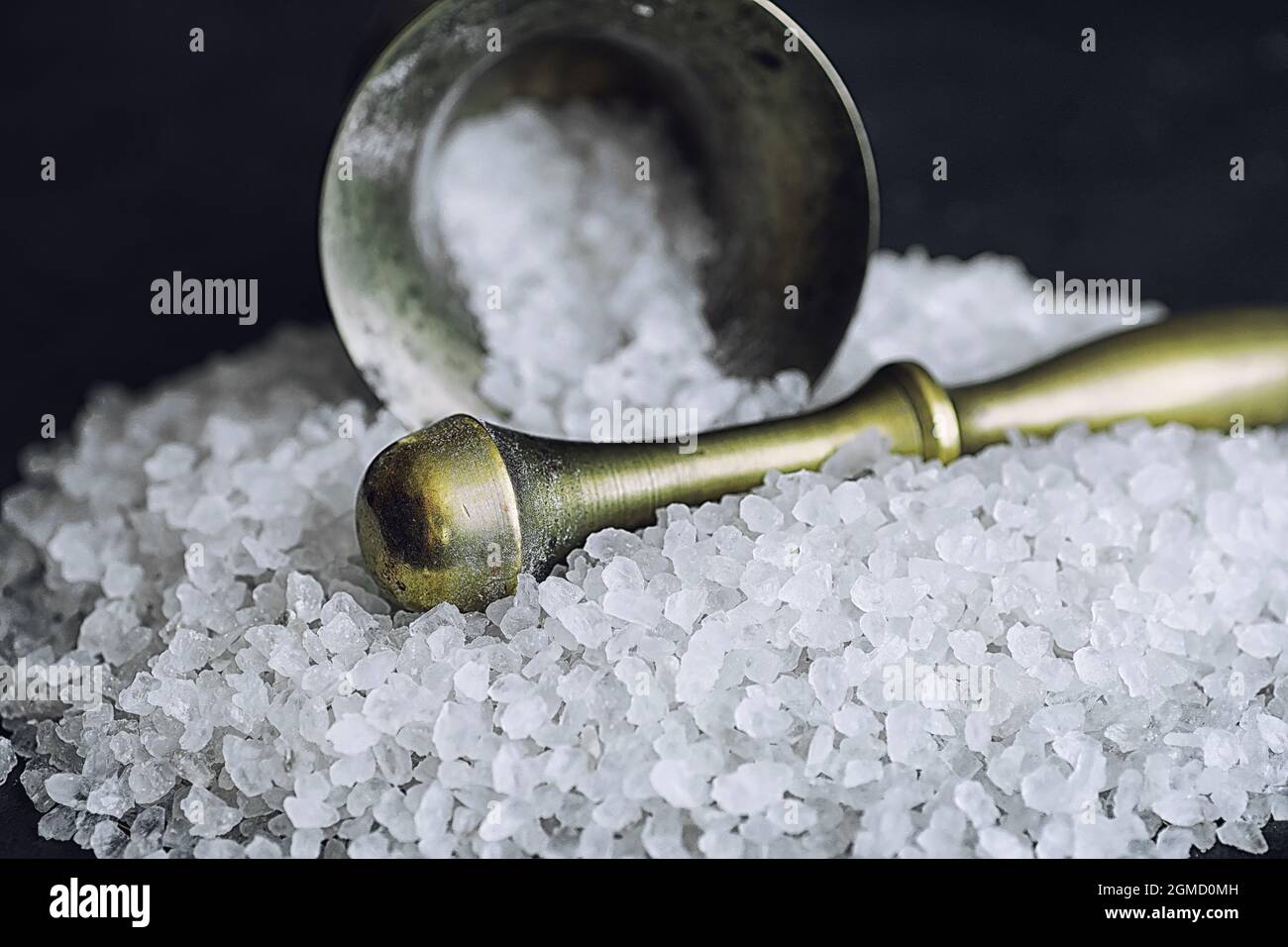 Large sea salt. Spice. Mortar and pestle for grinding salt Stock Photo ...