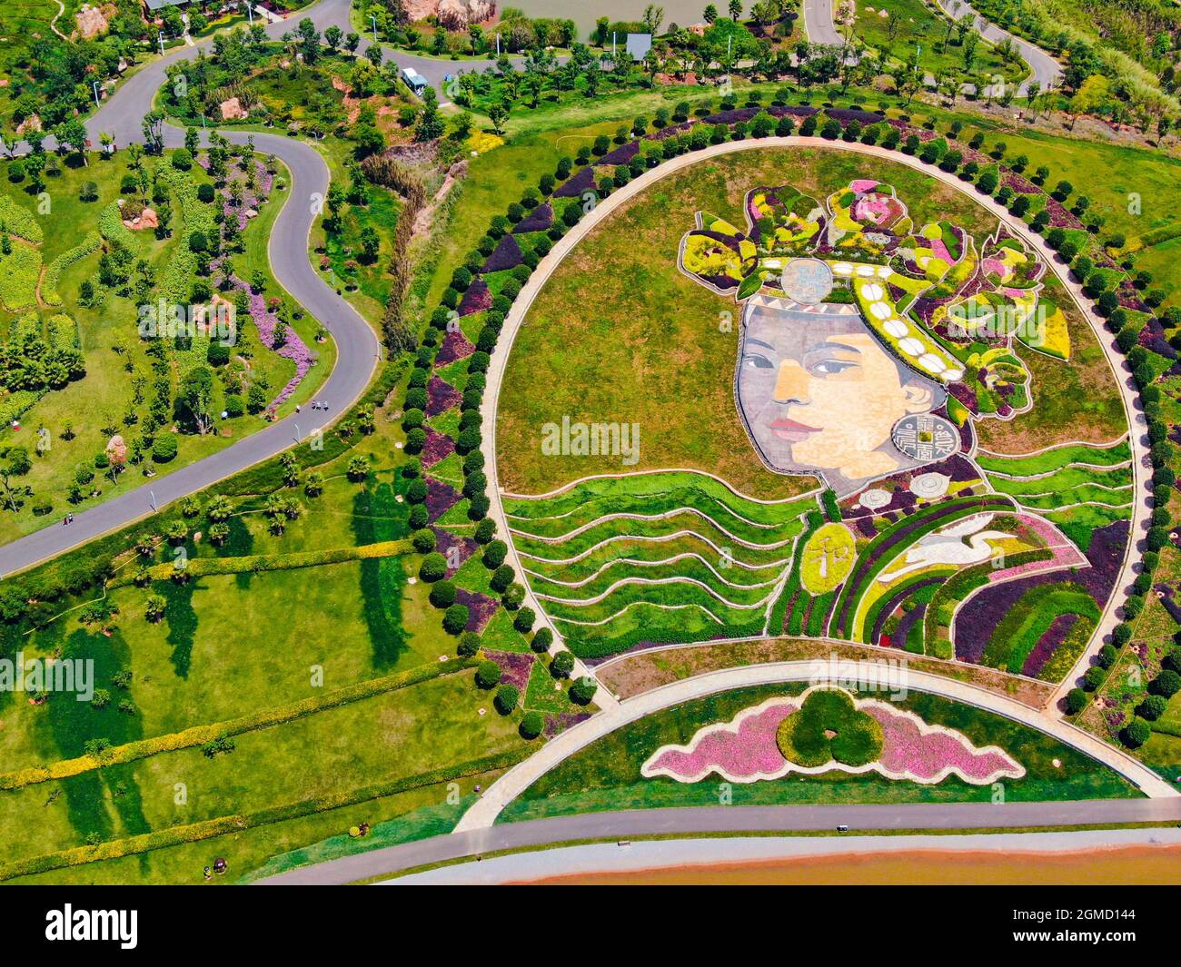 Aerial view of the flower sea at Taiping Lake in Mile city, southwest ...