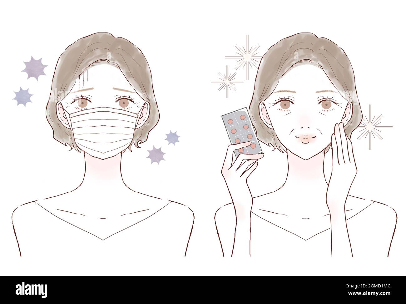 Middle-old woman with tablet type supplement. Before and after. On a ...