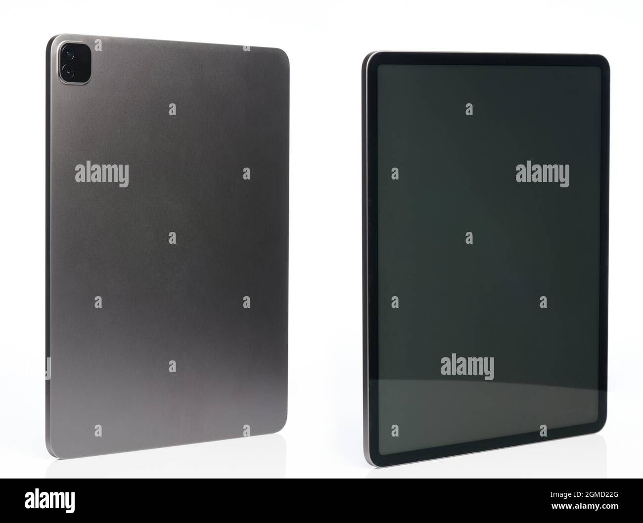 Modern grey color tablet with camera isometric view isolated on studio ...