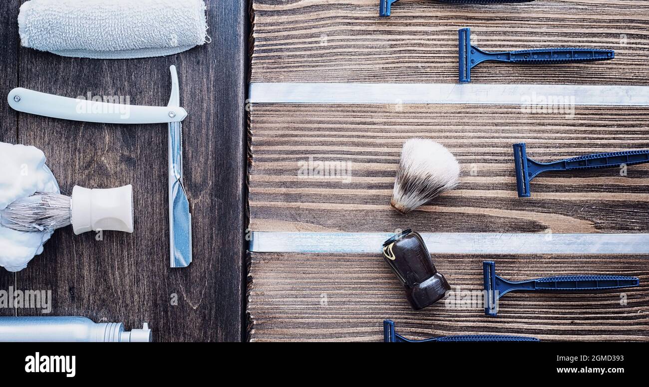 Shaving accessories on a wooden texture background. Tools. Disposable ...