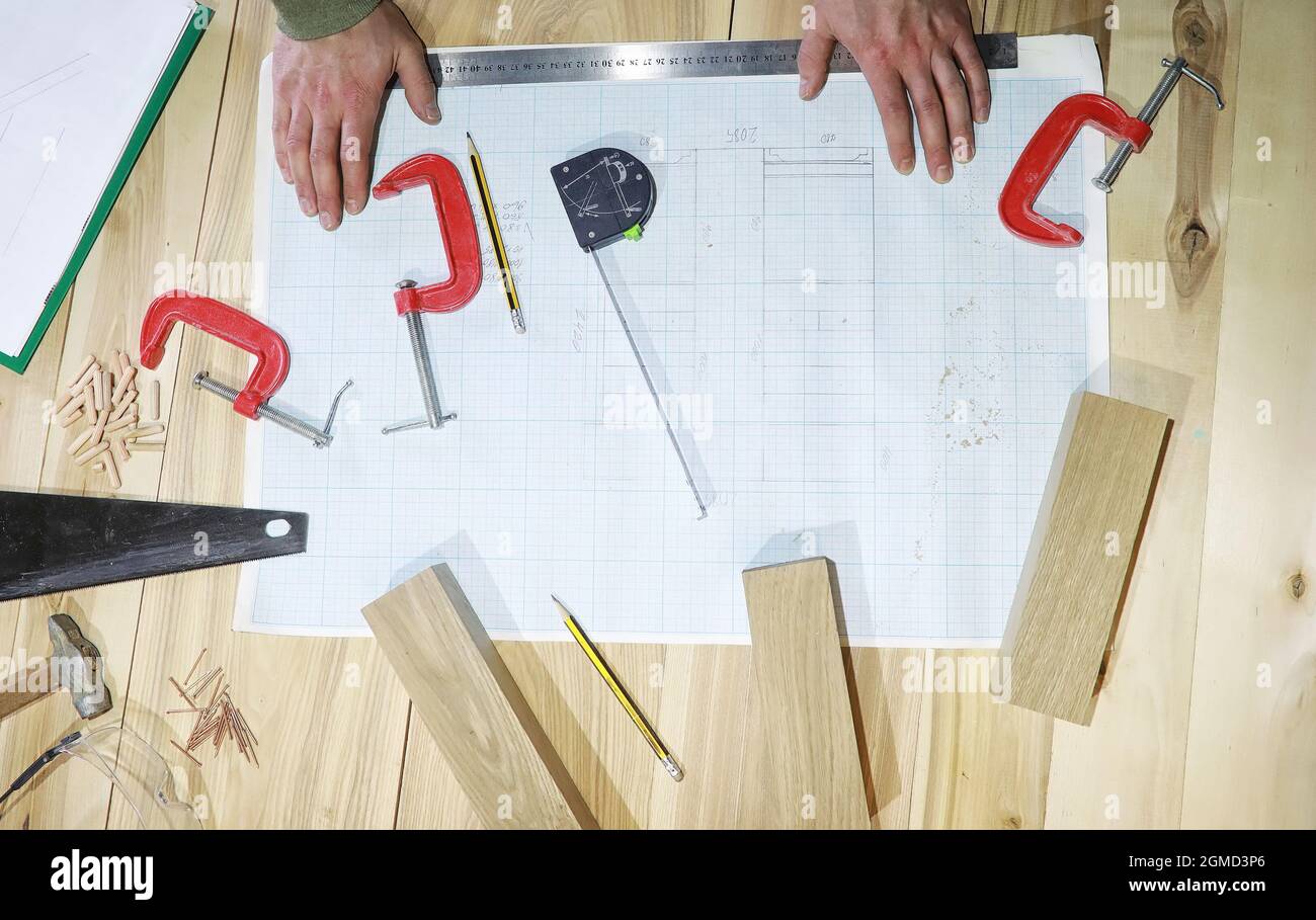 workshop with tools and electric saws in the process of manufacturing ...