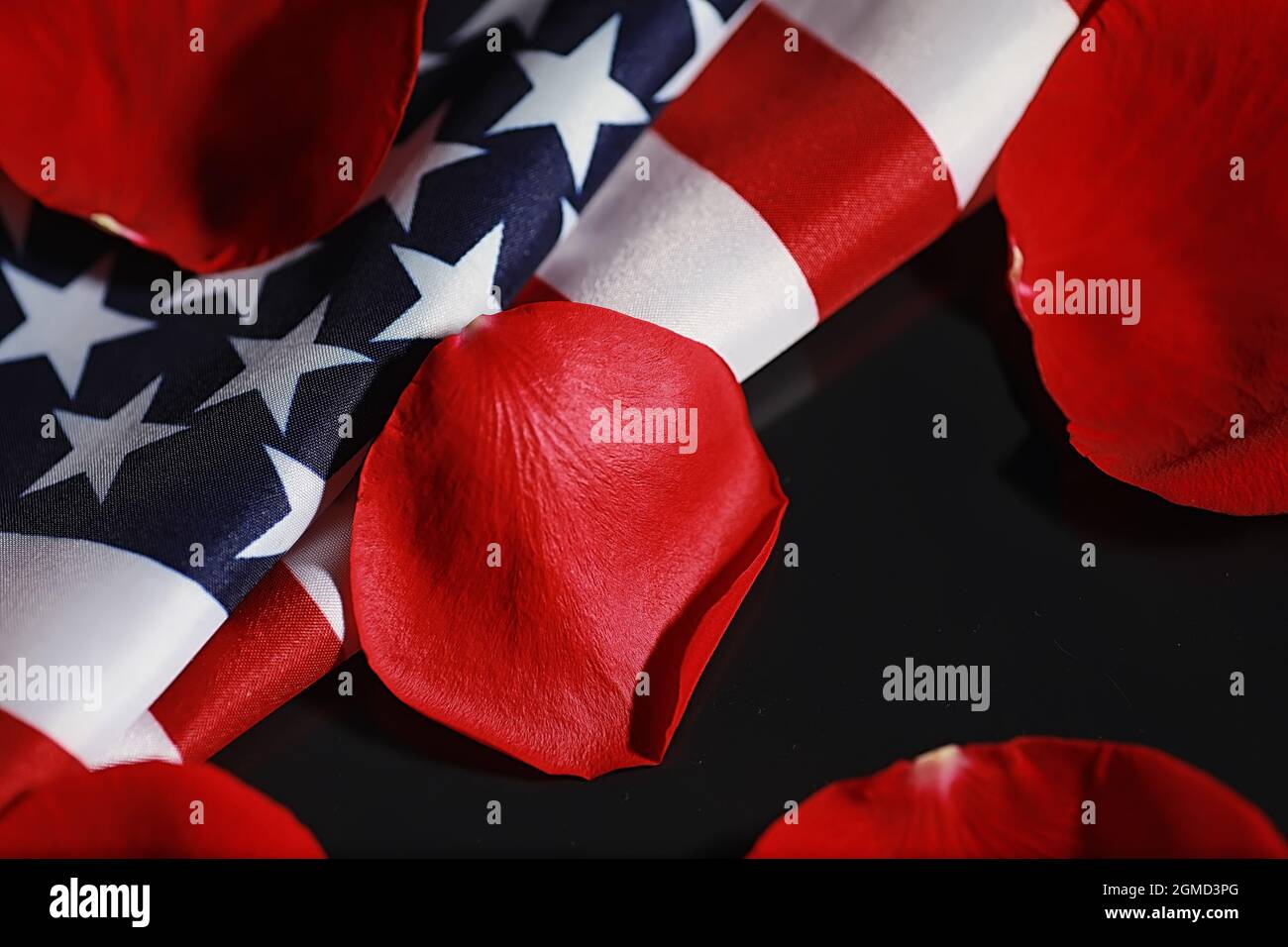 American flag and rose flower on table. Symbol of the United States of ...