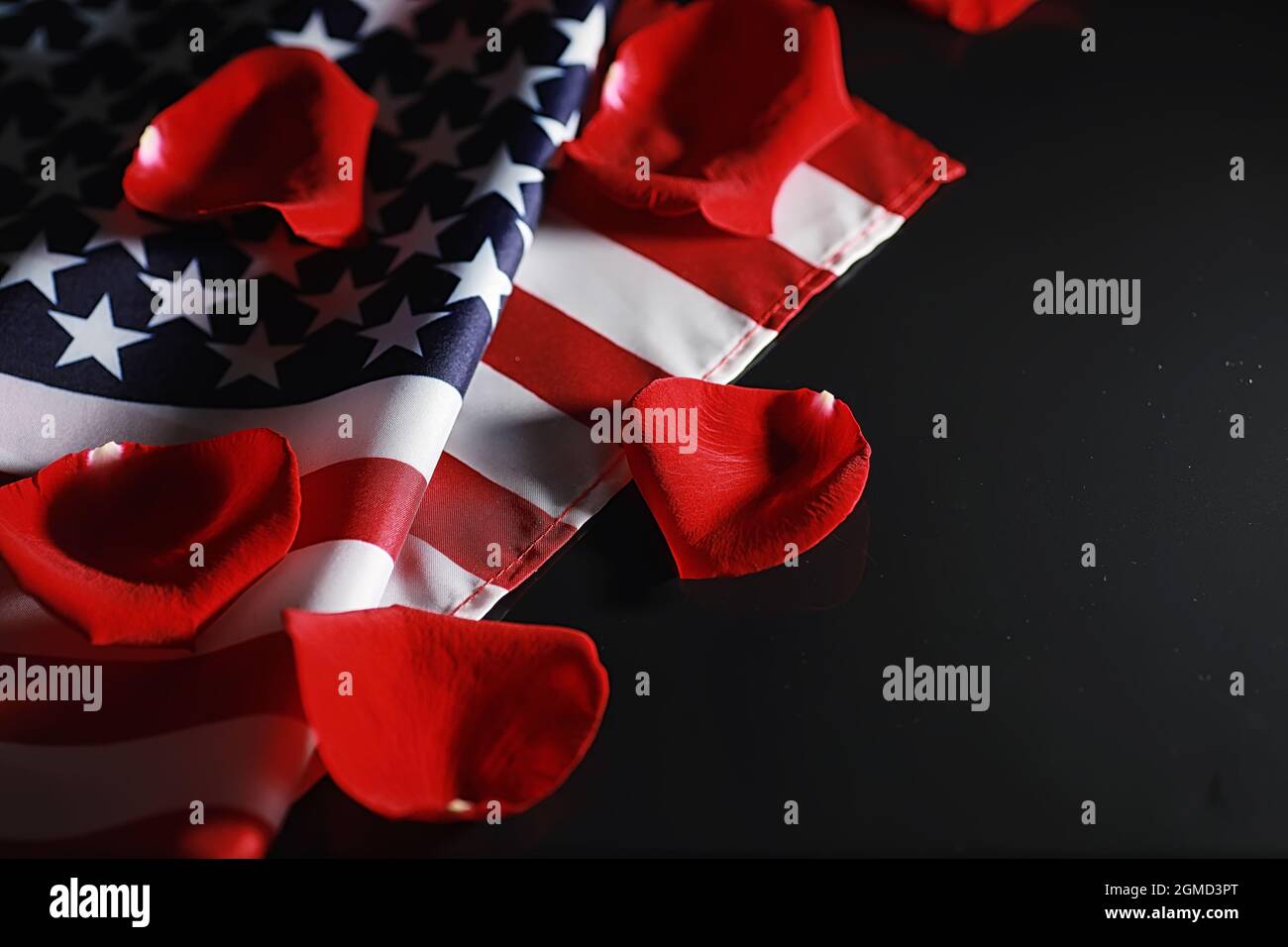 American flag and rose flower on table. Symbol of the United States of ...