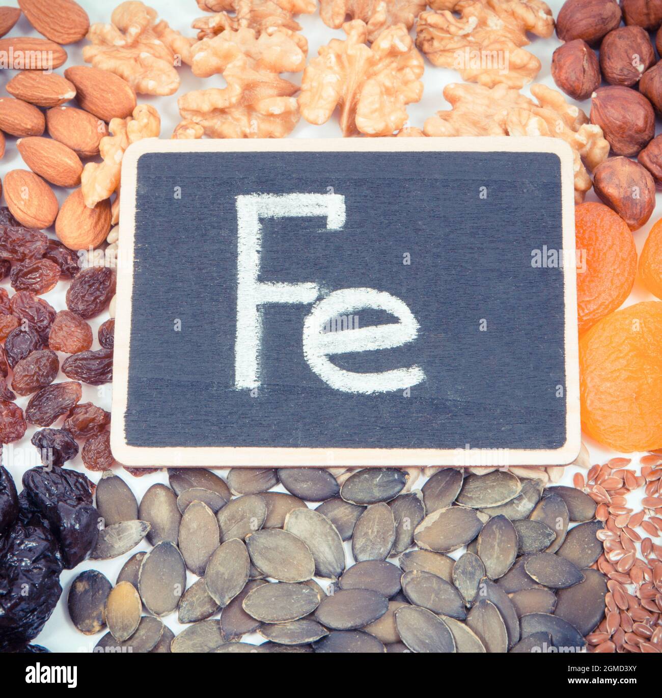 Vintage photo, Inscription Fe and natural healthy ingredients or ...