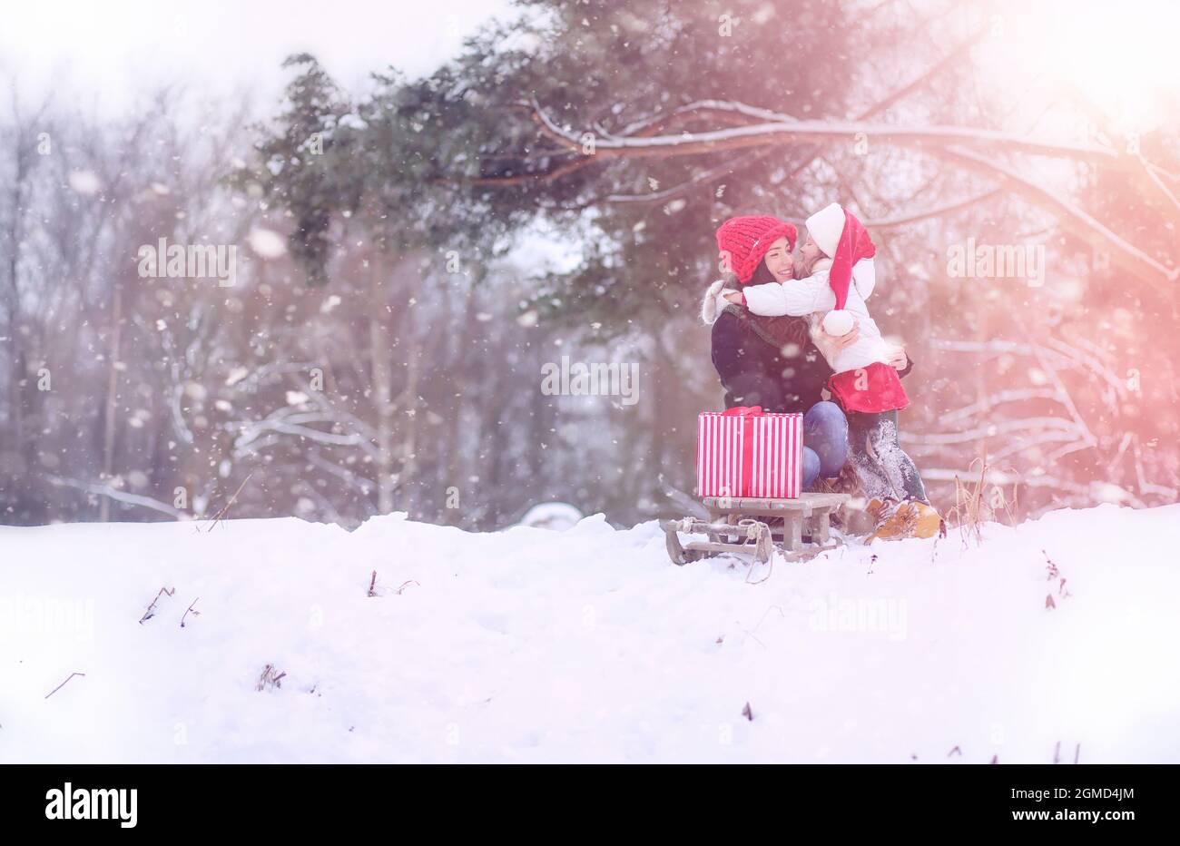 Winter fairy tale, a young mother and her daughter ride a sled in the ...