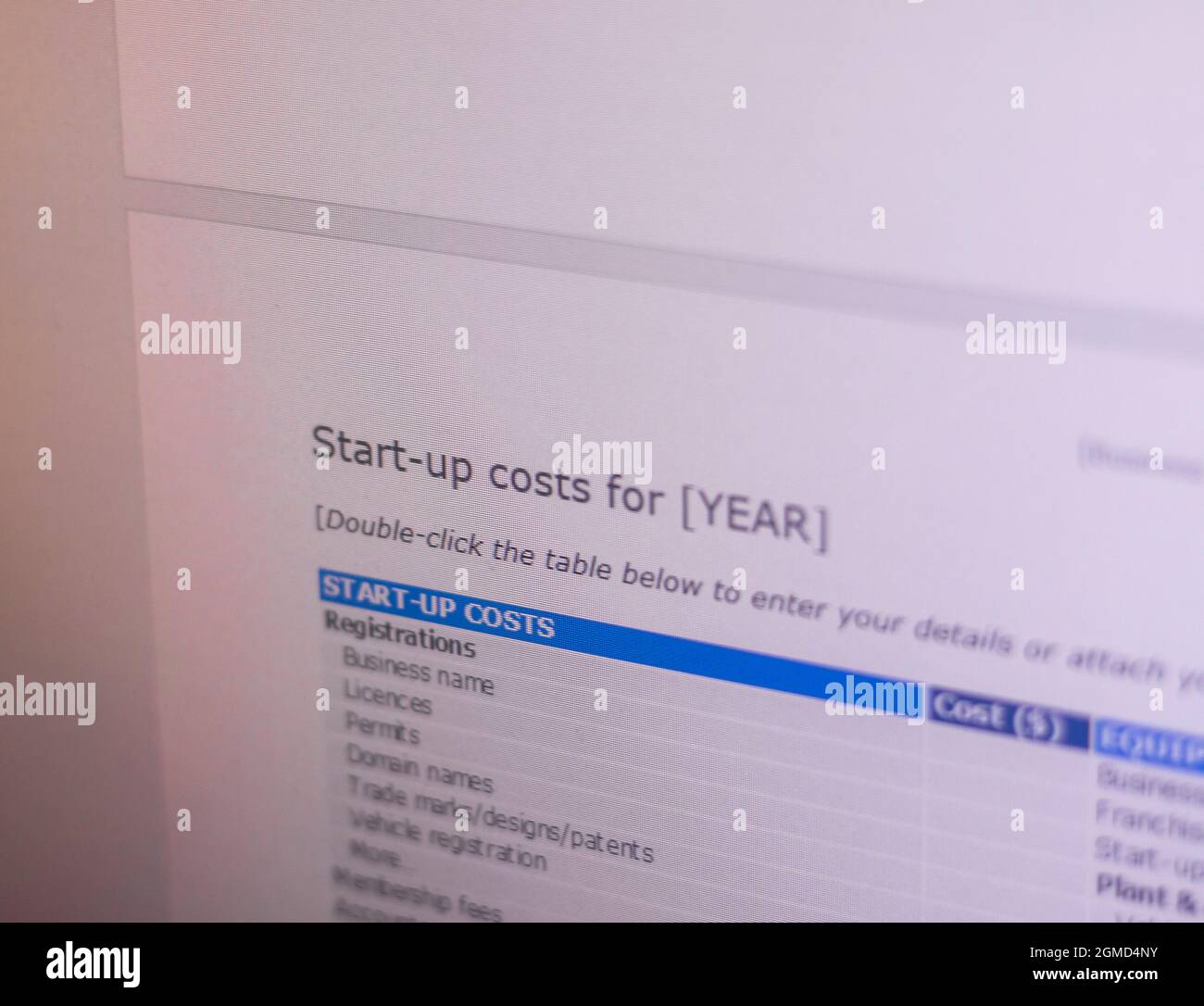 Shot of a start up cost analysis table on computer screen Stock Photo ...