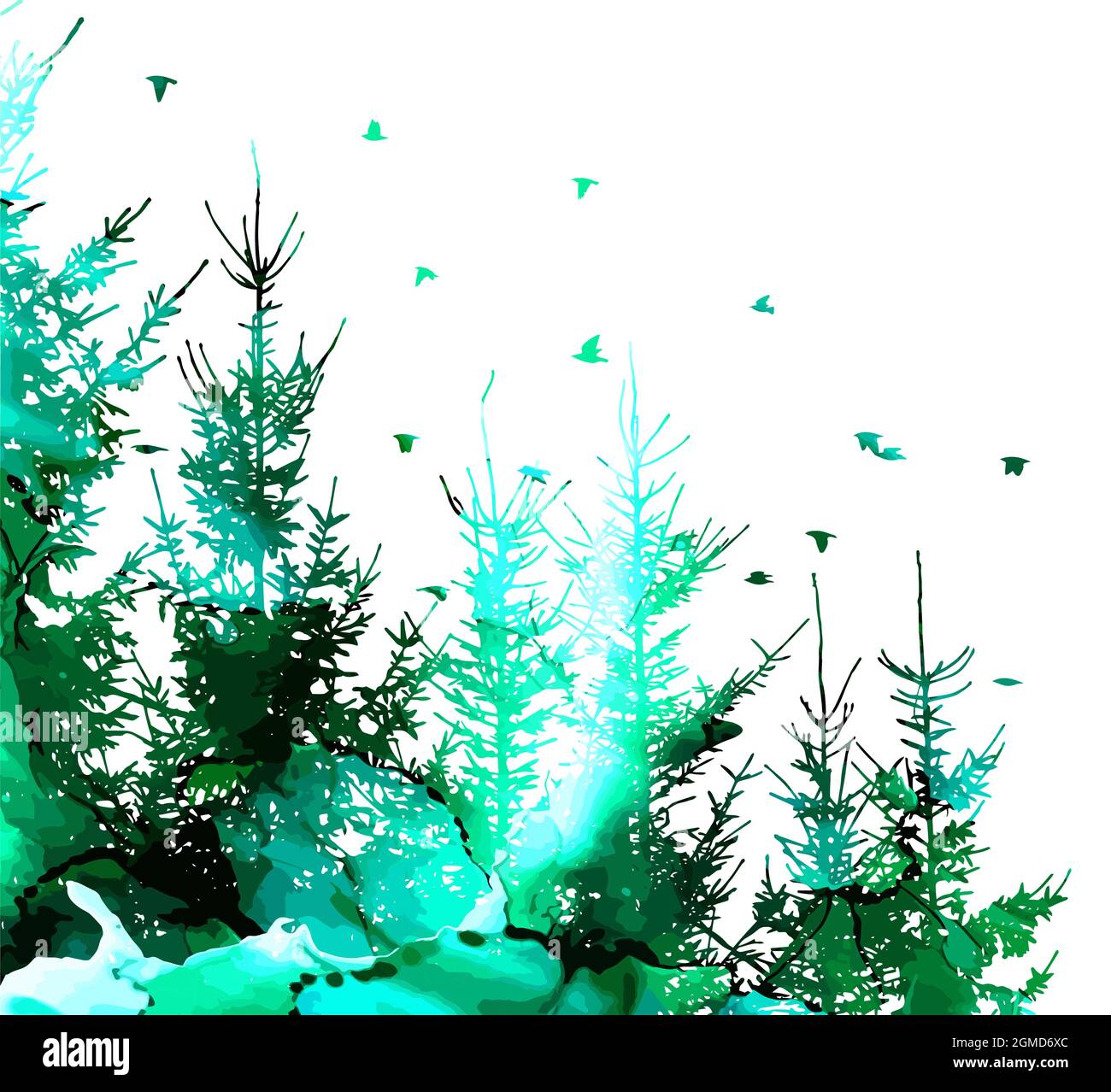 A flock of flying blue birds and a fir forest. Vector illustration ...