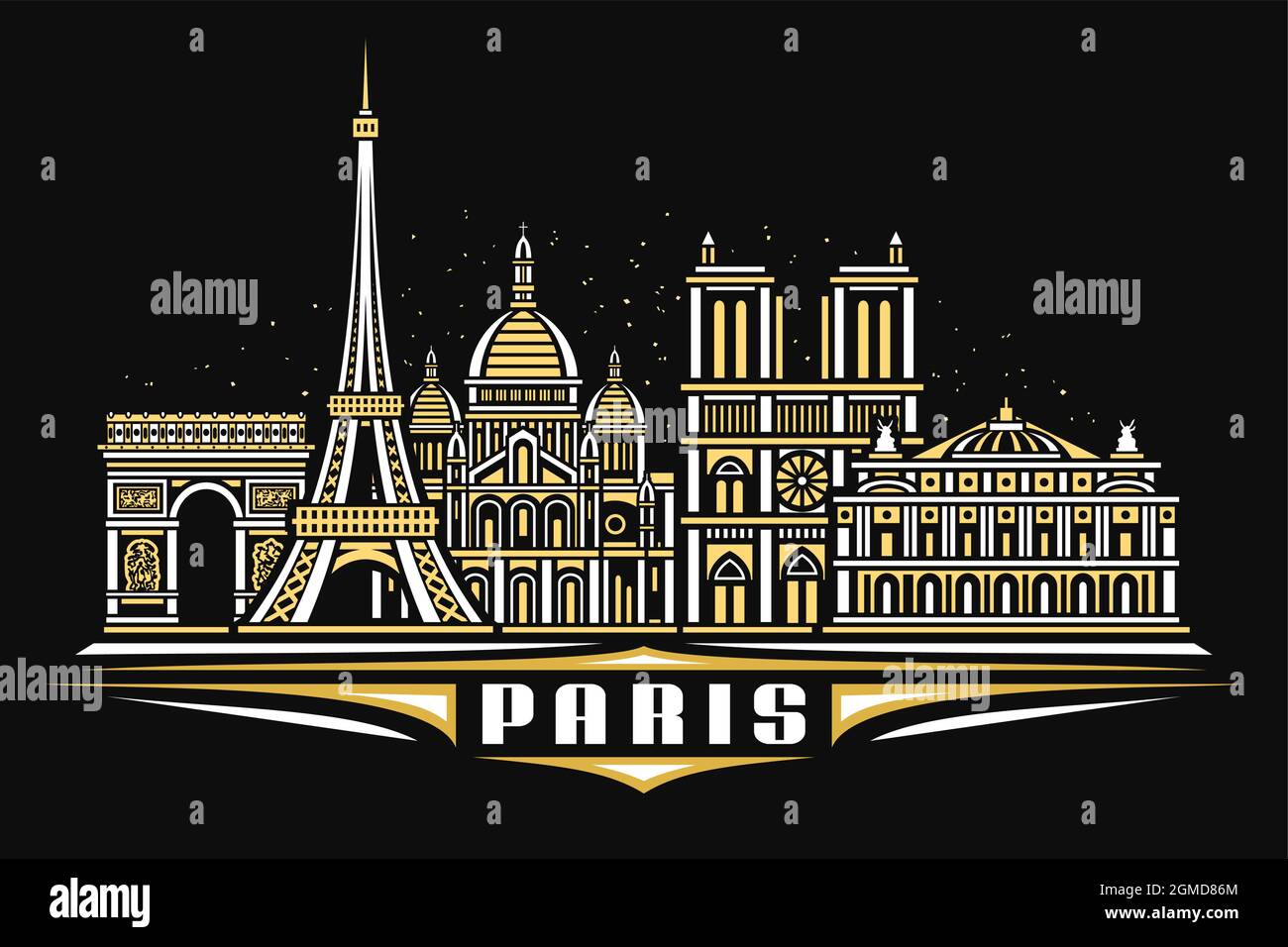 Vector illustration of Paris, black horizontal poster with linear ...