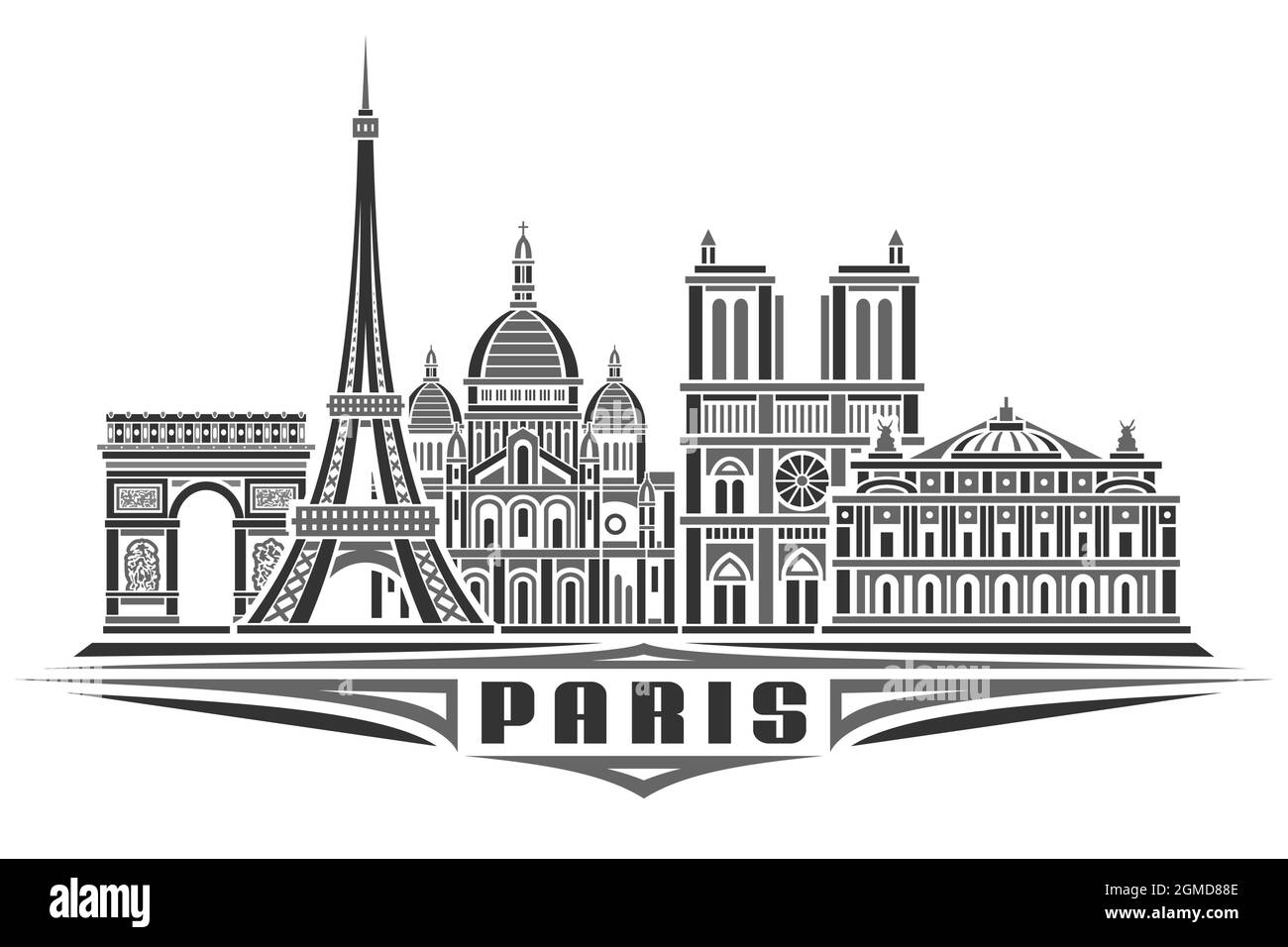 Vector illustration of Paris, monochrome horizontal poster with linear ...