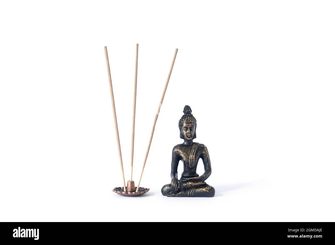Small Buddha statue with incense sticks isolated on white background ...
