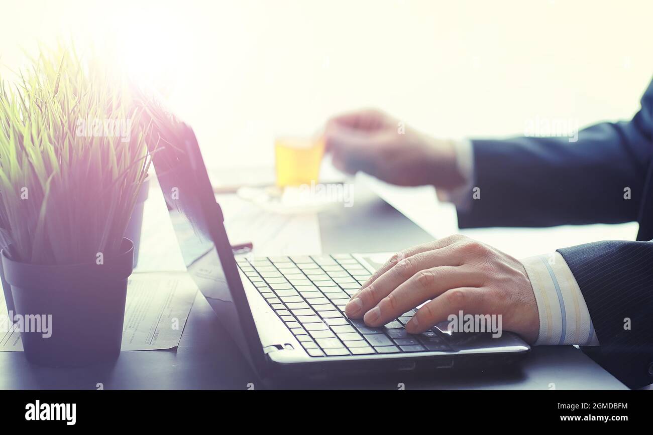 Manager works at a laptop in the office. Businessman makes online ...