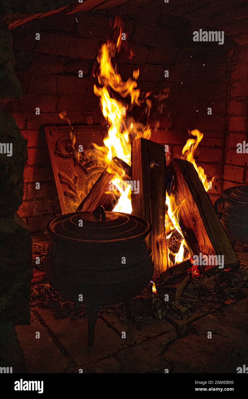 Food is cooked in the fireplace. Spread the fire. Bonfire and firewood ...