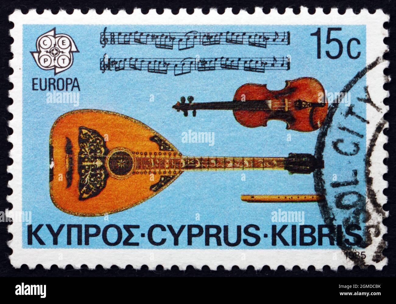 CYPRUS - CIRCA 1985: a stamp printed in the Cyprus shows Cypriot Violin ...
