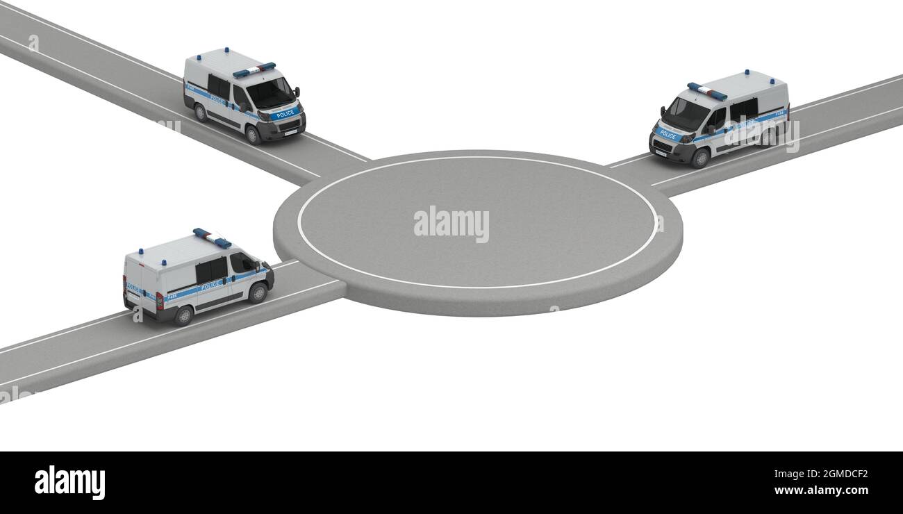 template area where police cars drive from different directions. 3d ...