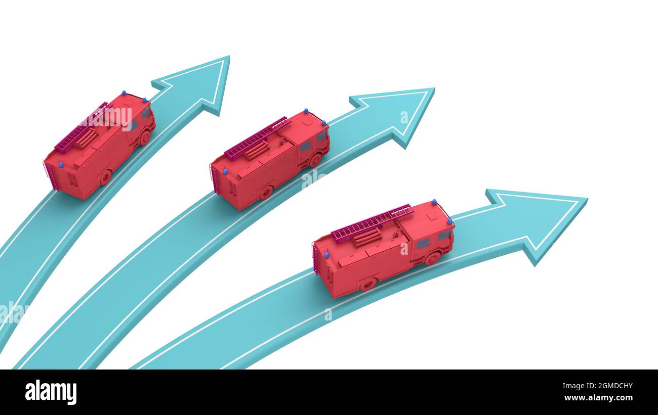 three fire engine go in different arrows isolated on white above view ...