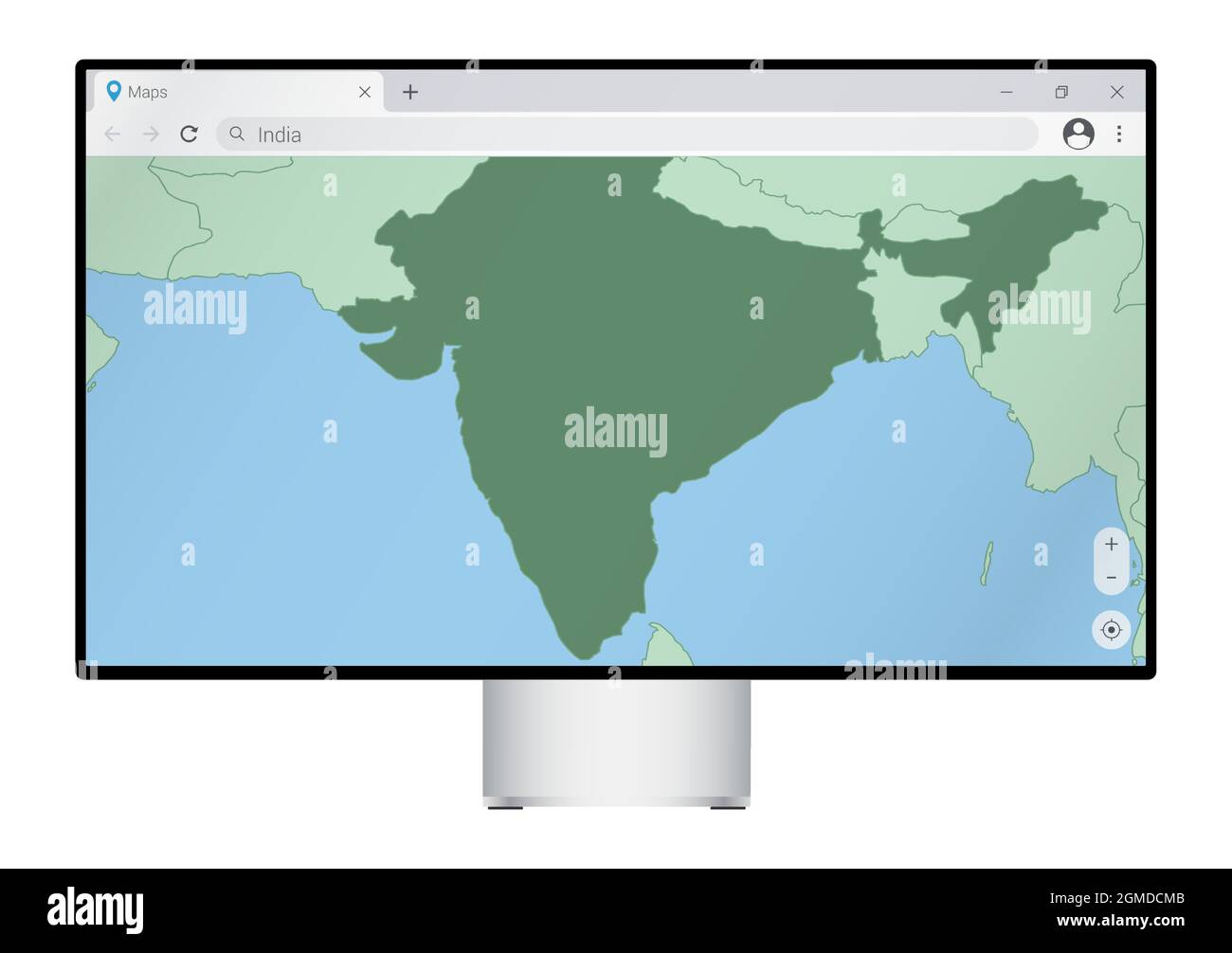 Computer monitor with map of India in browser, search for the country ...