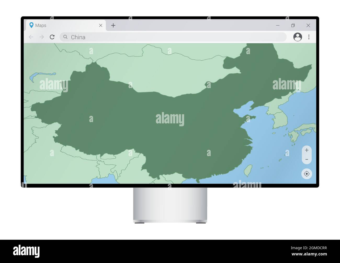 Computer monitor with map of China in browser, search for the country ...
