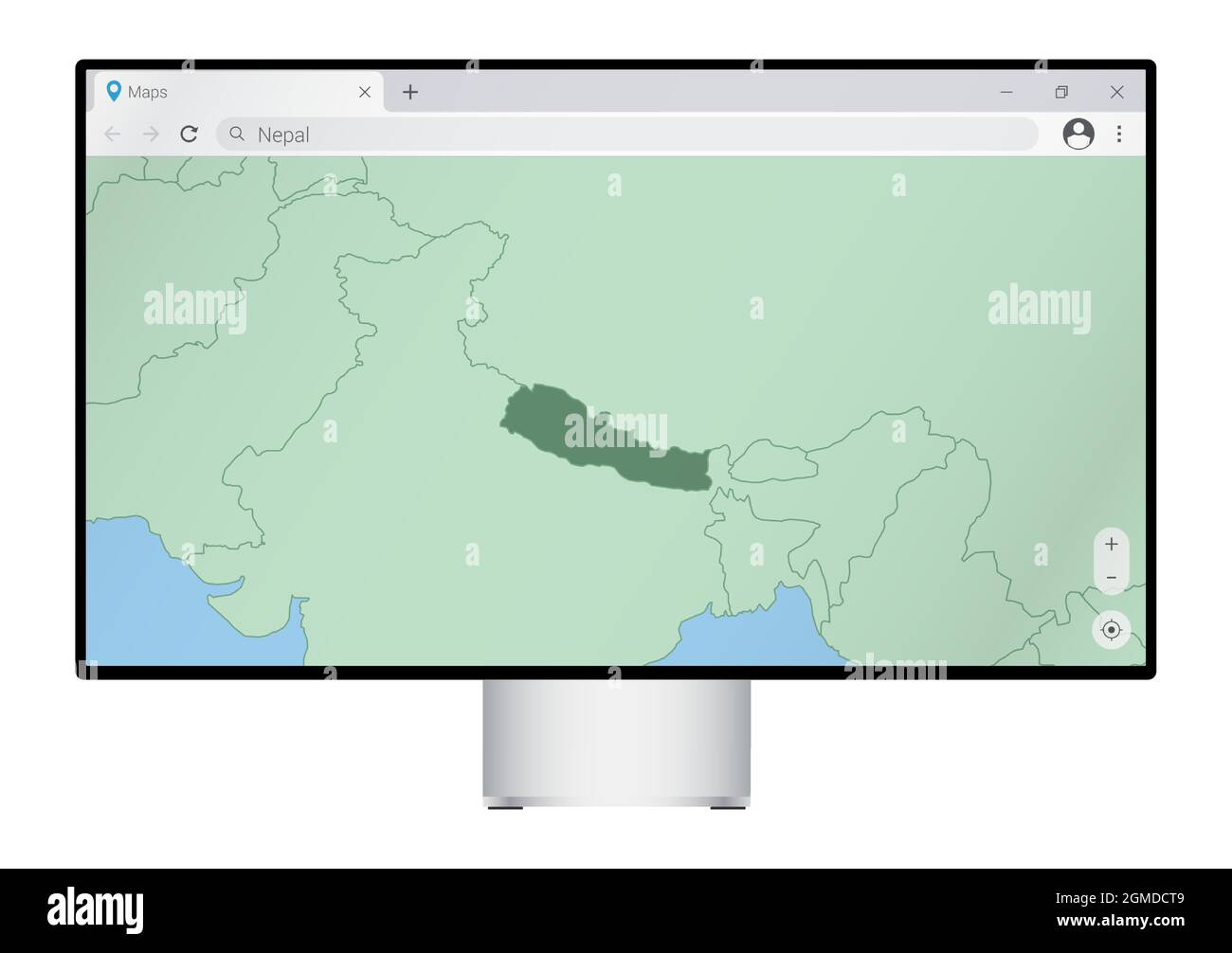 Computer monitor with map of Nepal in browser, search for the country ...