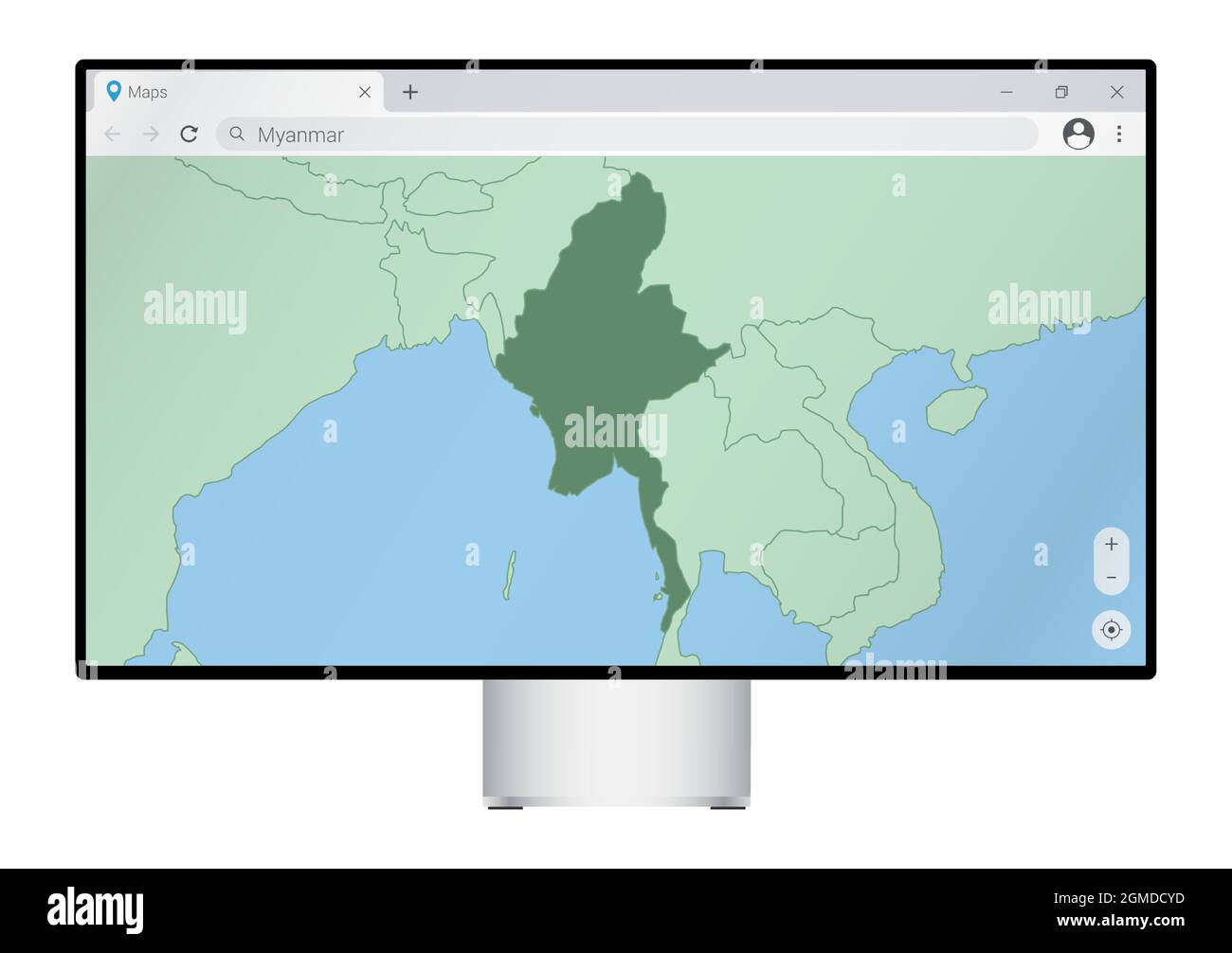 Computer monitor with map of Myanmar in browser, search for the country ...